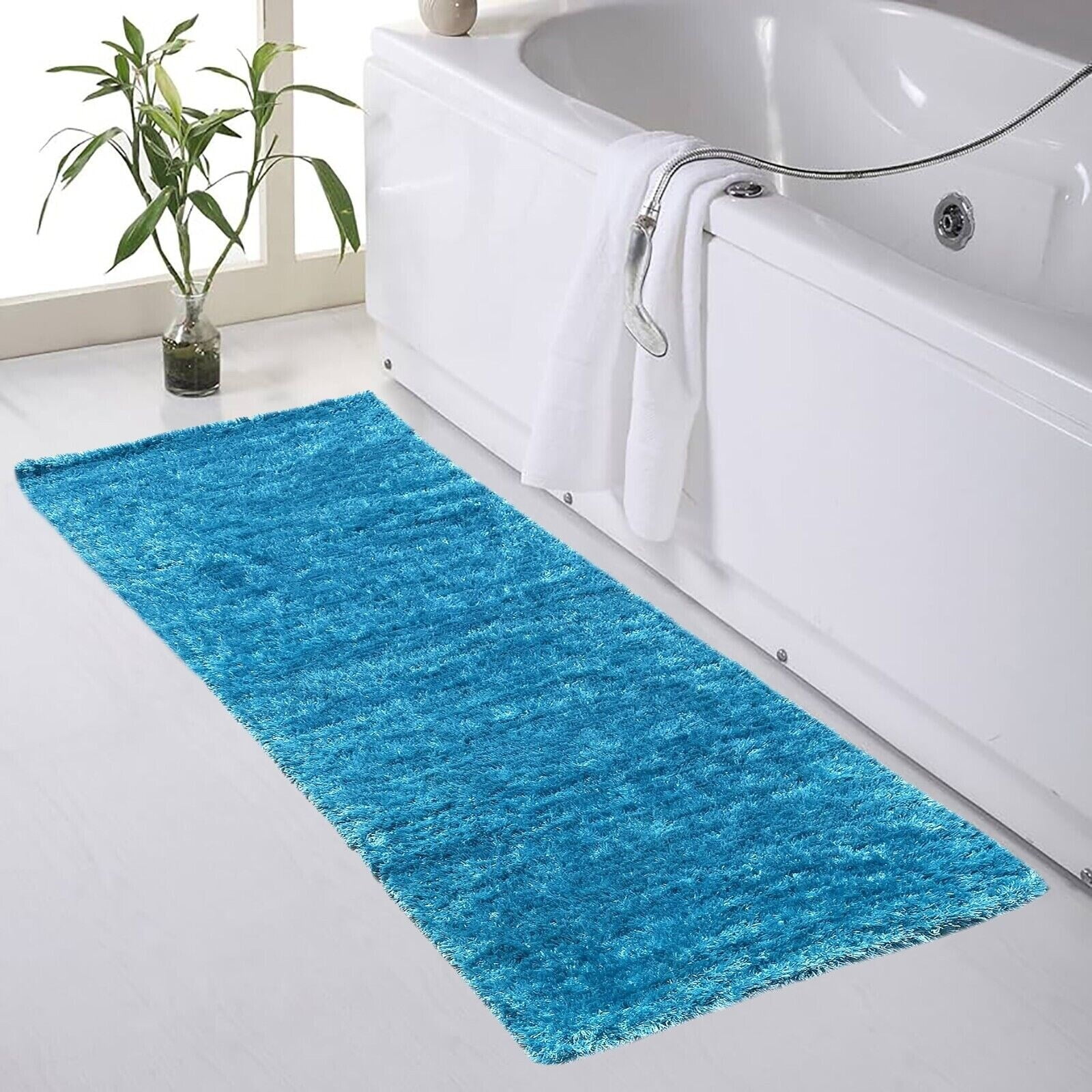 Light Blue 2x5 Feet Long Soft Absorbent Bathroom Bath Mat Shimmer Shag ...