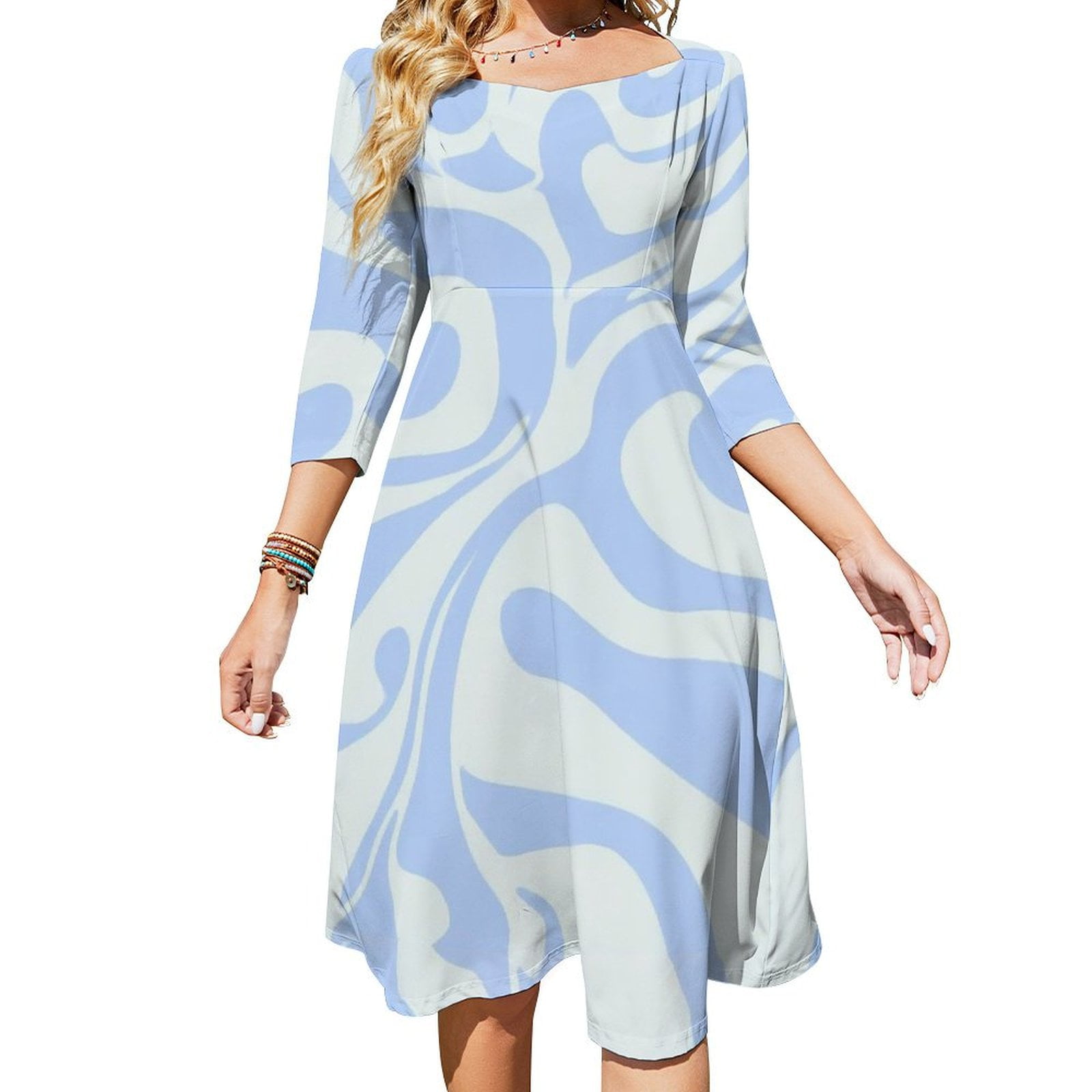 Light Blue Abstract Swirl Pattern Sweetheart Knot Flared Dress Fashion ...