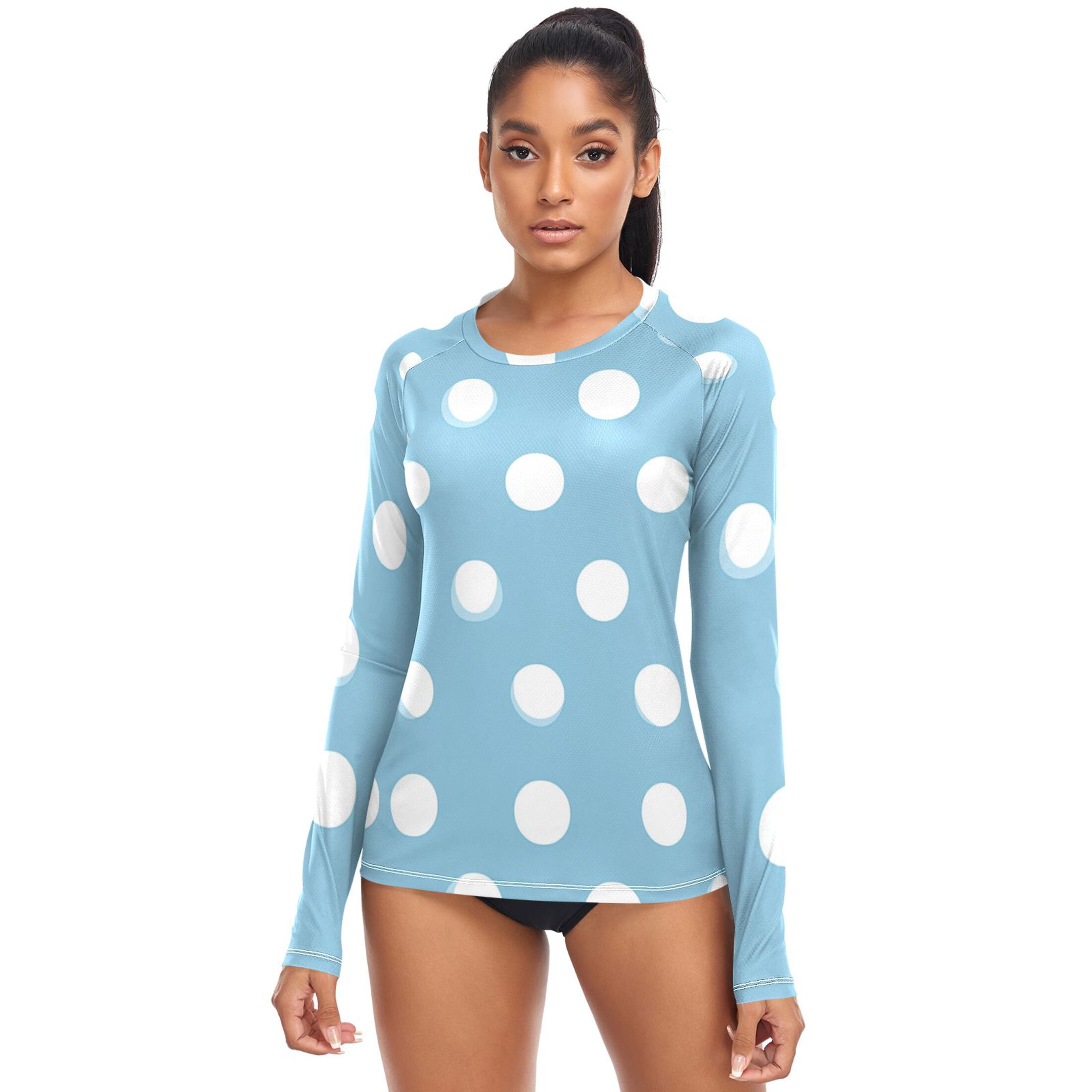 Light Blue Background White Dots Women's Rash Guard Shirts UPF 50+ Sun ...