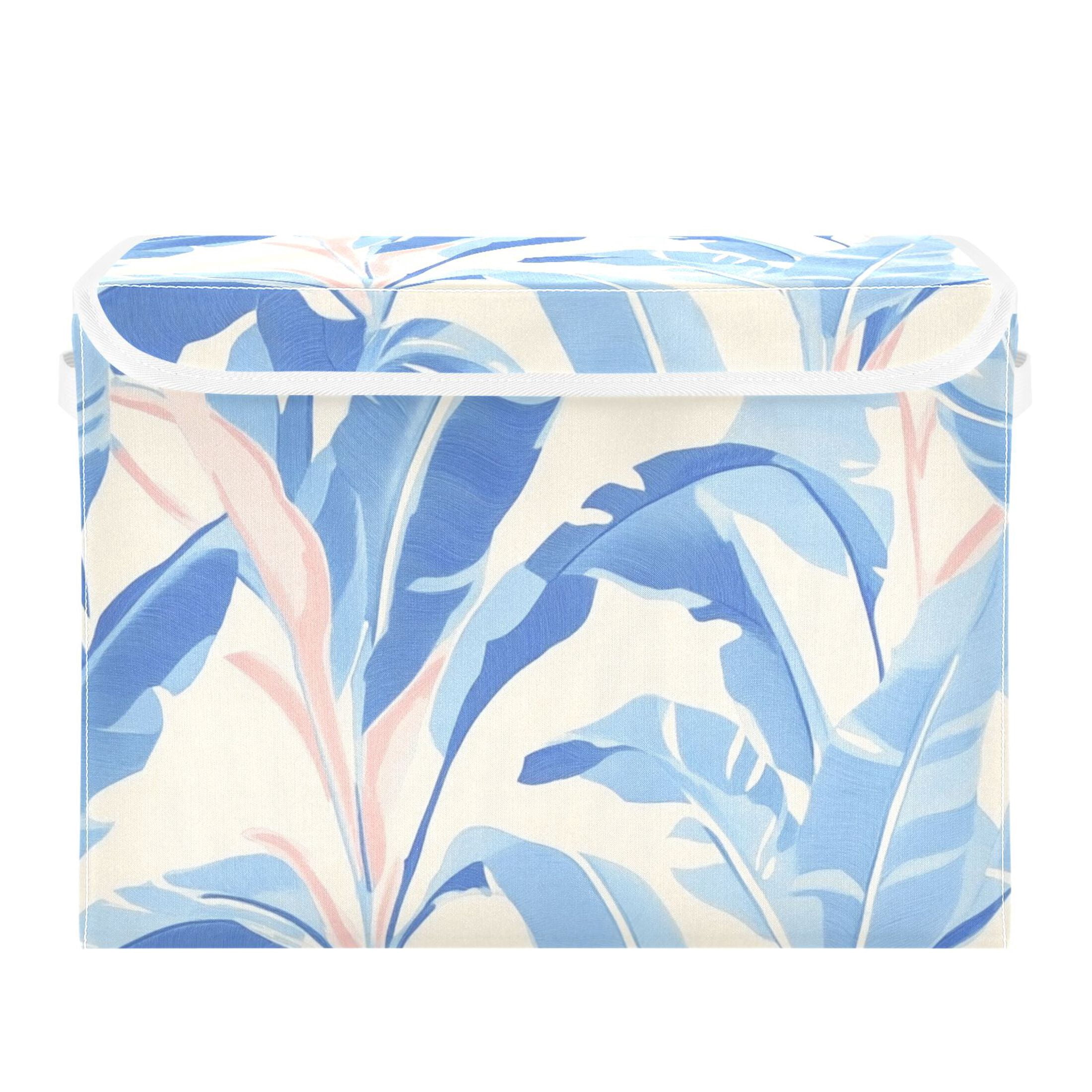 Light Blue Banana Leaf Large Storage Bins with Linen Collapsible Lid ...