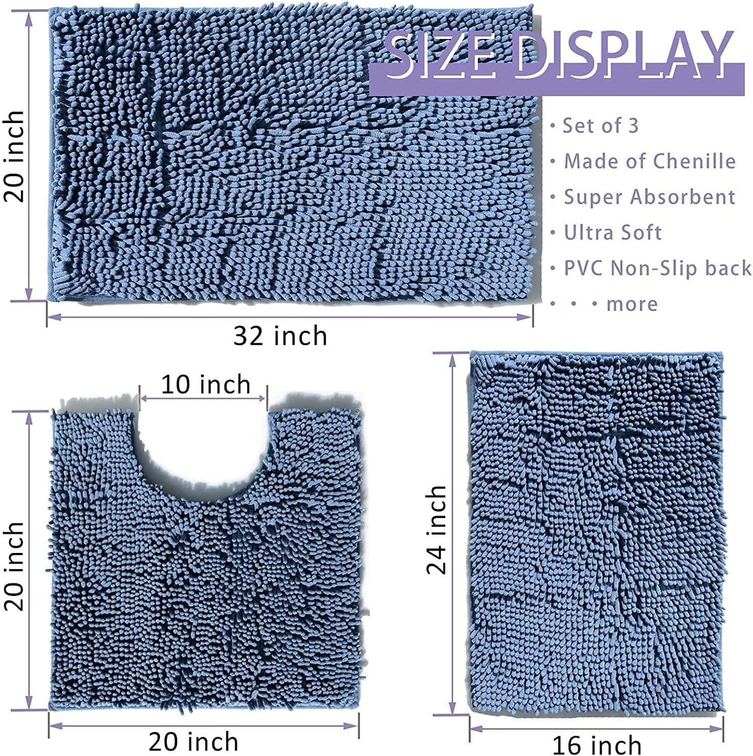 Light Blue Bathroom Rugs Set Non Slip 3 Pieces Bath Mats Set, Chenille ...