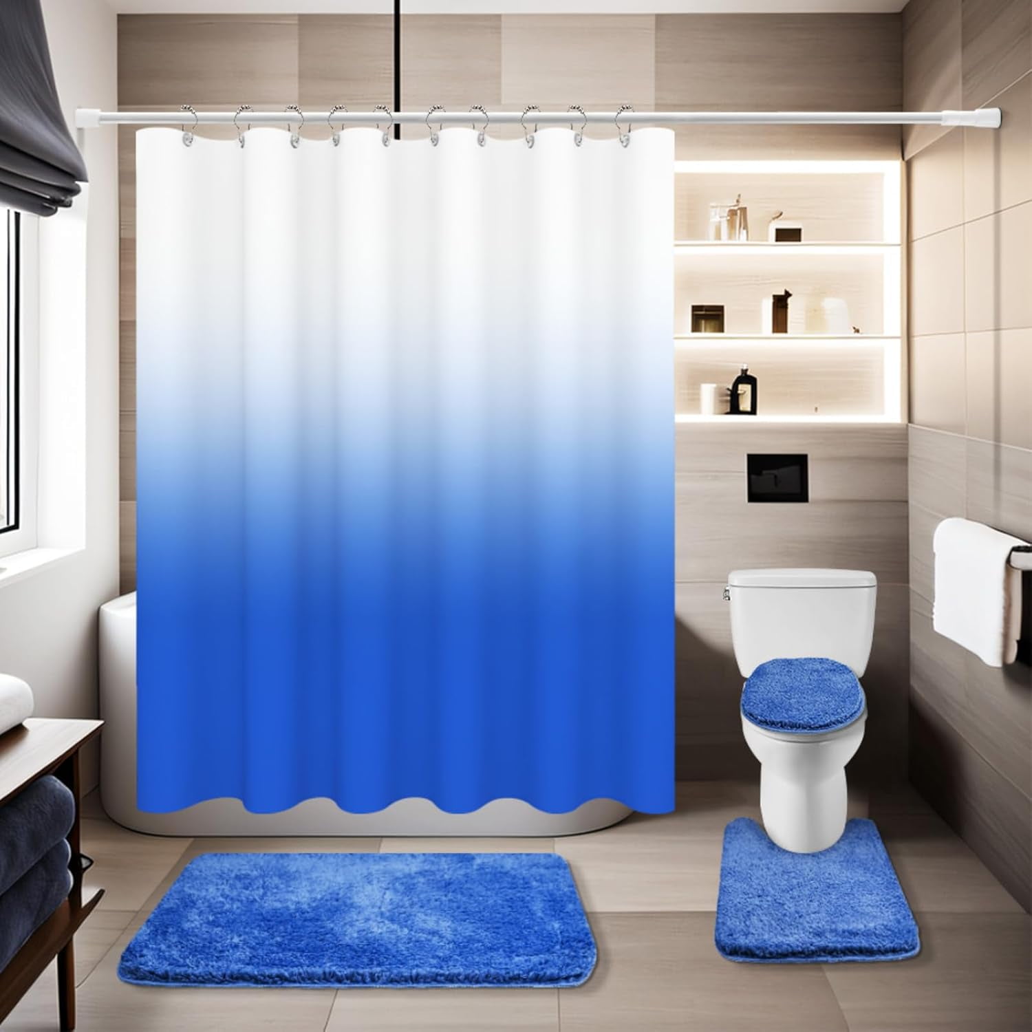 Light Blue Bathroom Sets with Shower Curtain and Rugs Waterproof Shower ...