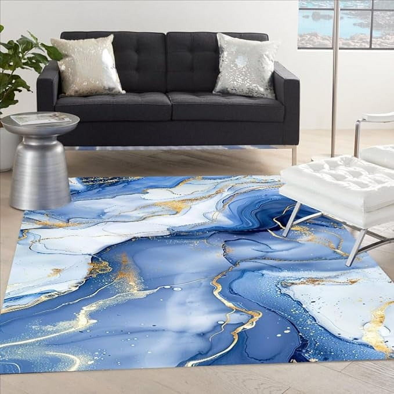 Light Blue Beige Gold Modern Abstract Area Rug For Living Room Bedroom ...