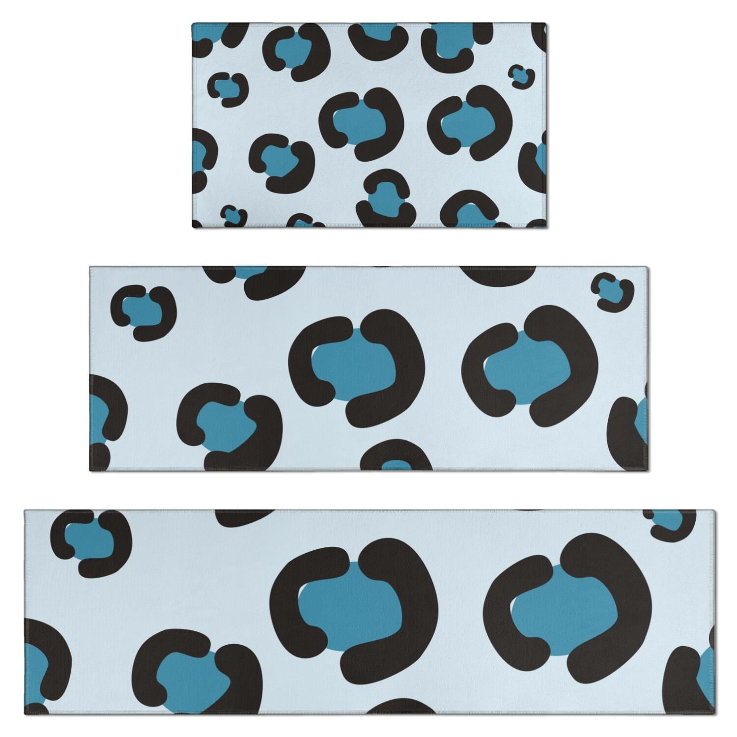 Light Blue and Black Of Leopard Print Kitchen Rugs Sets Of 3,Kitchen ...