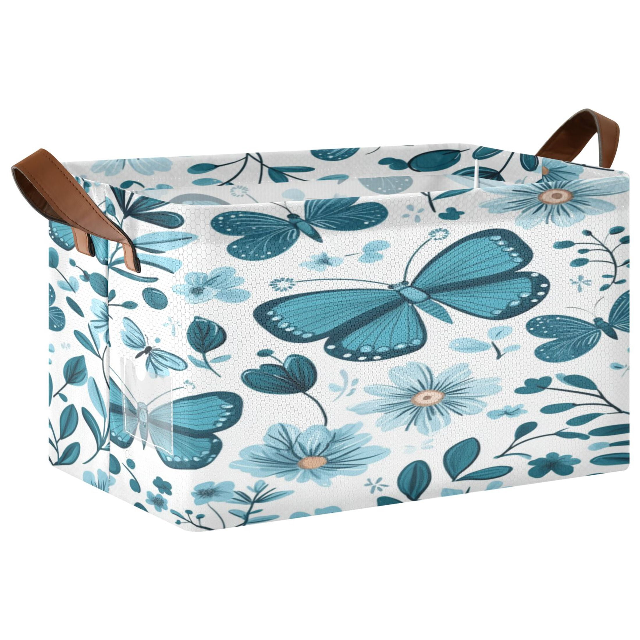Light Blue Butterflies Flowers and Leaves Storage Basket Soccer Plaid ...