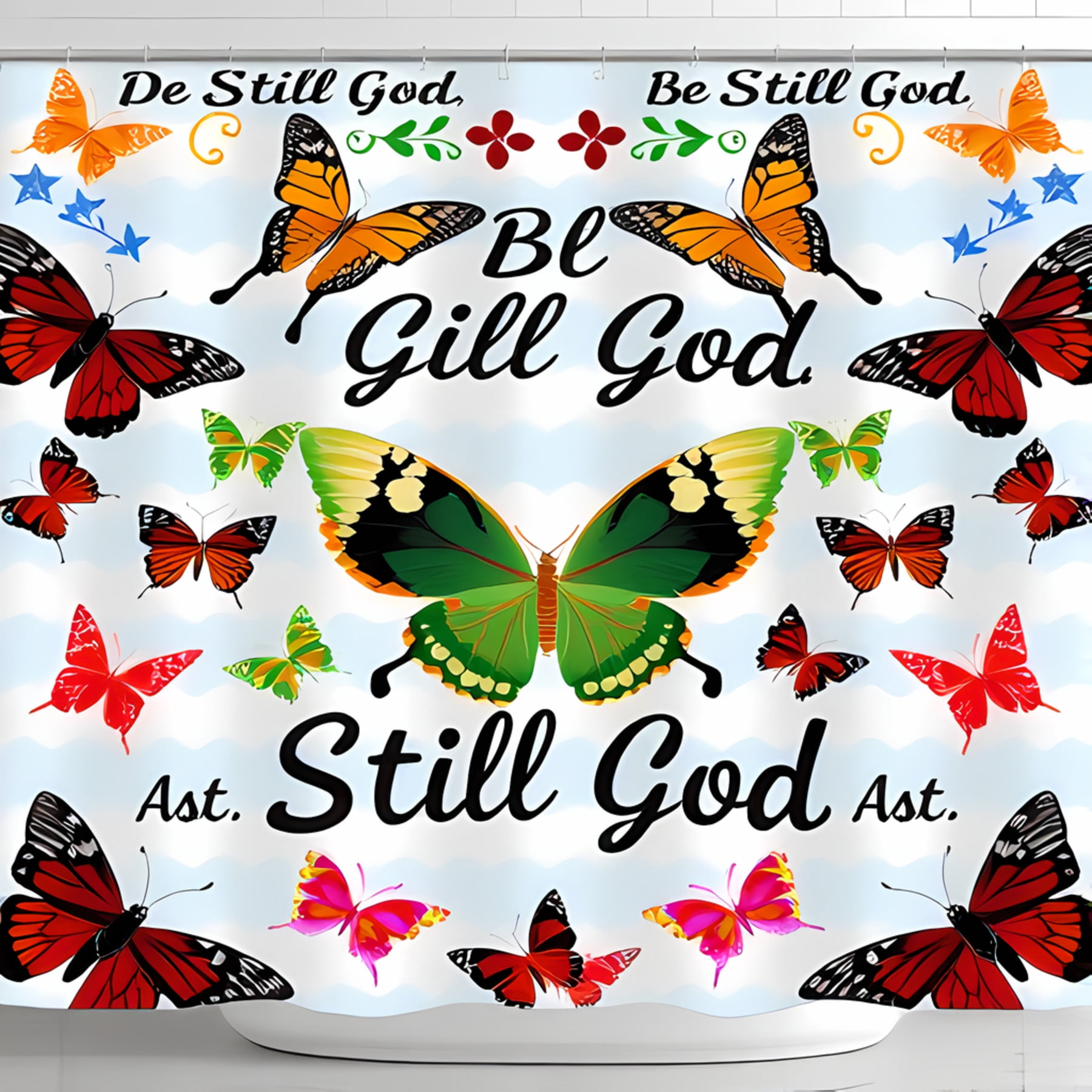 Light Blue Butterfly Shower Curtain with Green Accent " Be Still God ...