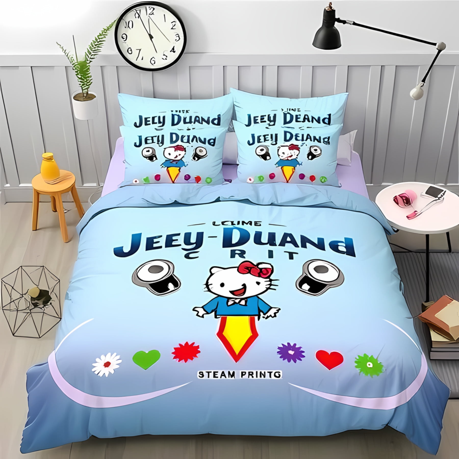 Light Blue Cartoon Character Bedspread Set with Decorative Pillows ...