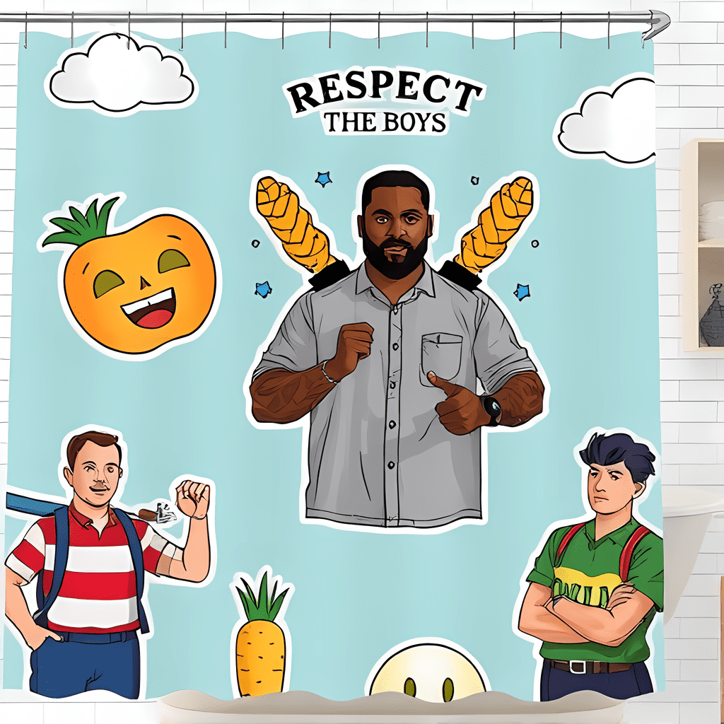 Light Blue Cartoon Shower Curtain with Bearded Man Playful Characters ...