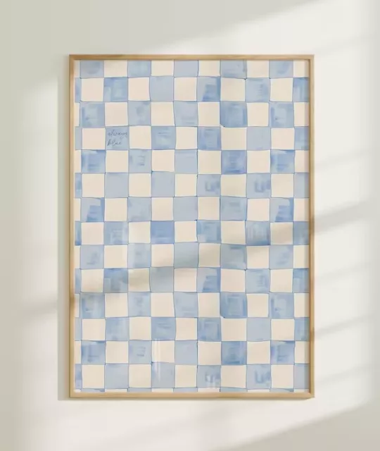 Light Blue Checkered Pattern Wall Art, Watercolor Plaid Print NO FRAMED ...