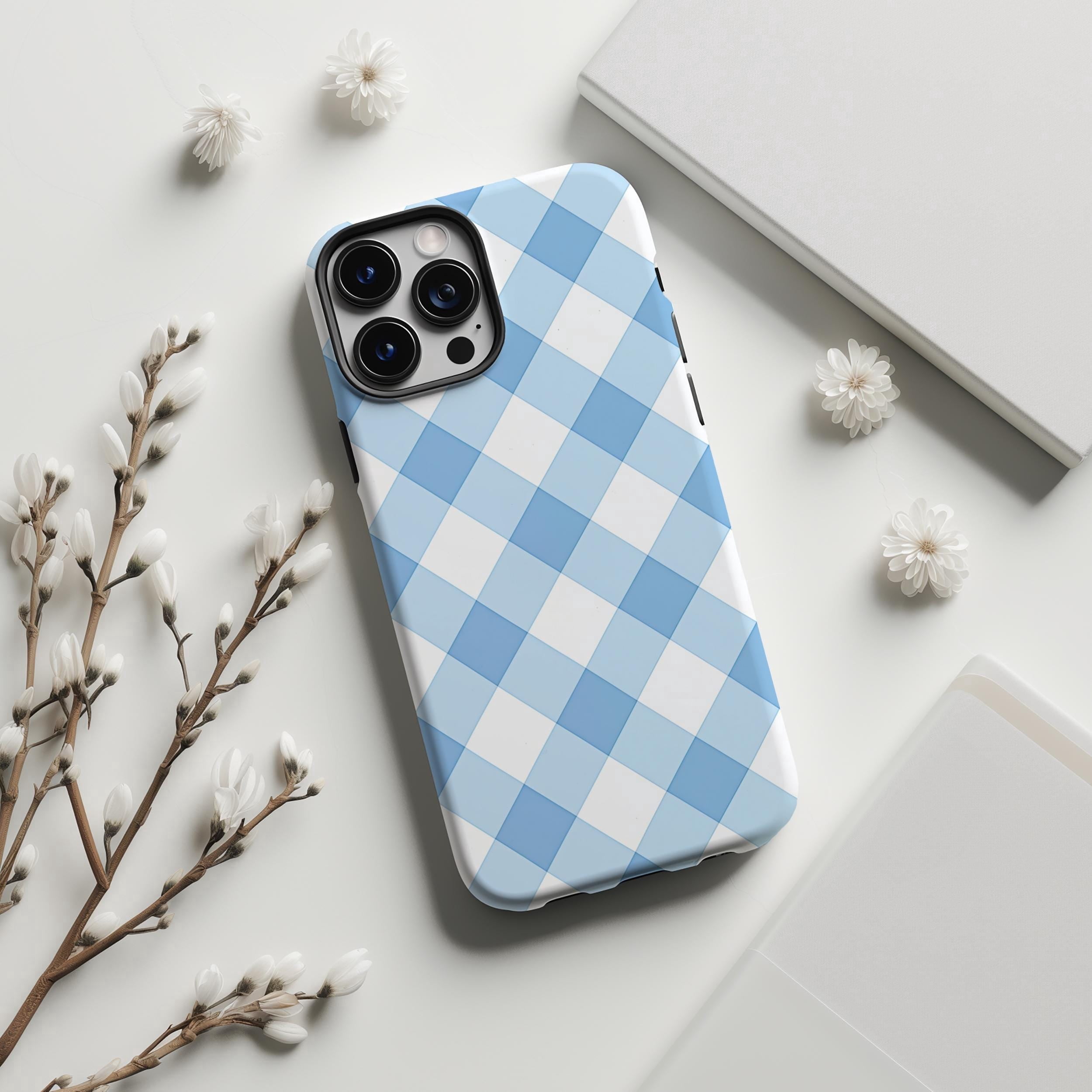 Light Blue Checkered Phone Case For iPhone Samsung Pixel Durable Hard ...