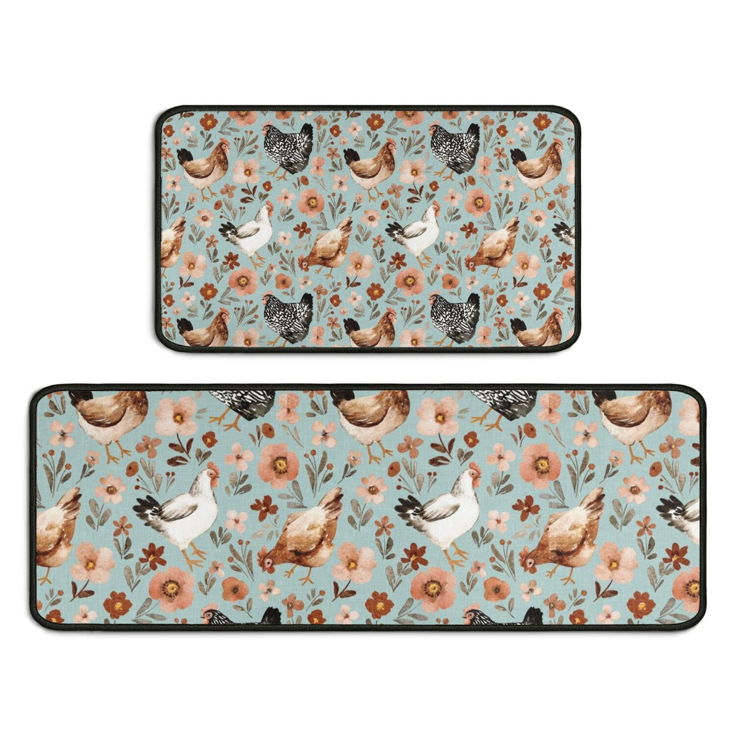 Light Blue Chicken Floral Pattern Kitchen Rugs Sets Of 2,Anti Fatigue ...