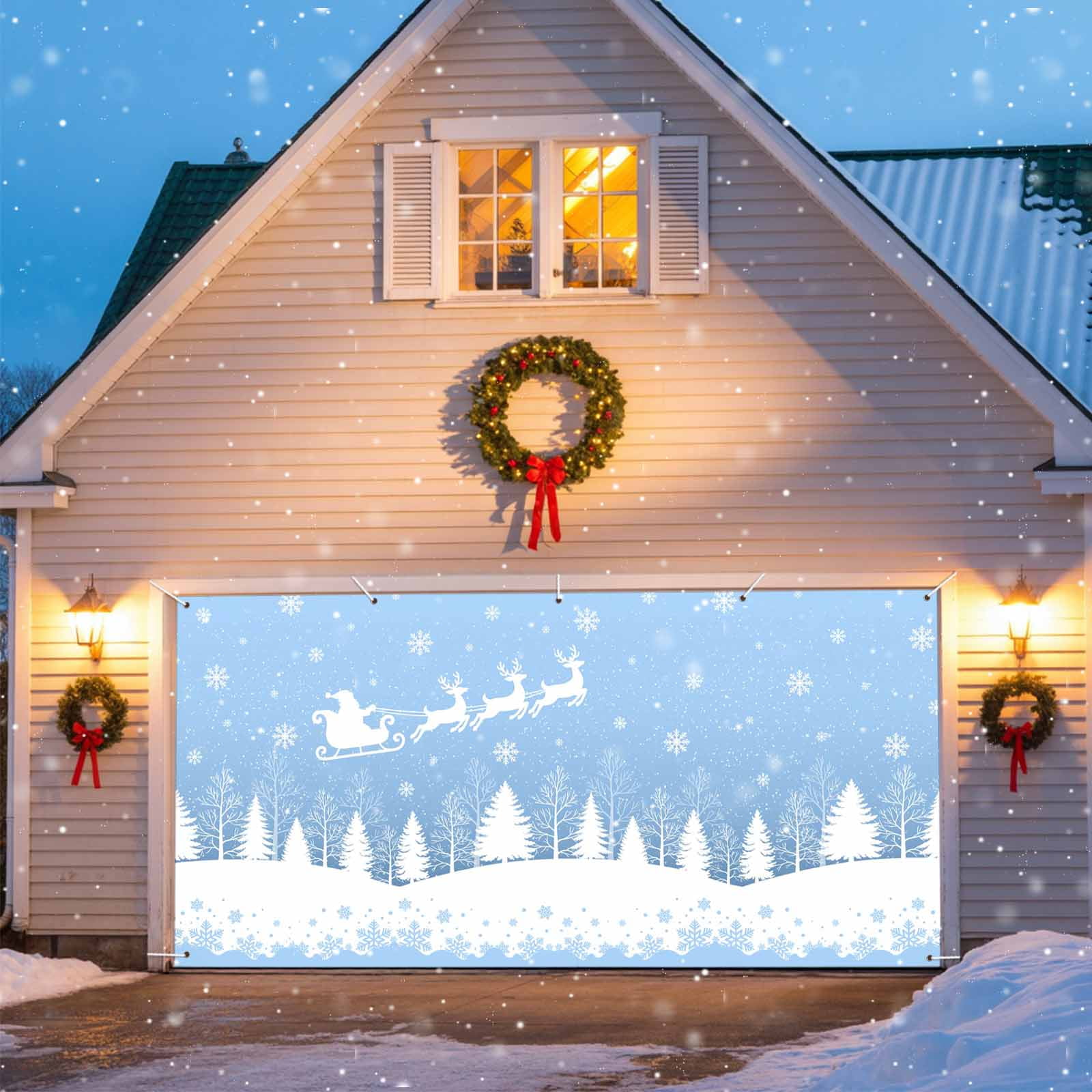 Light Blue Christmas Garage Door Banner Covers, Xmas Reindeer Tree ...