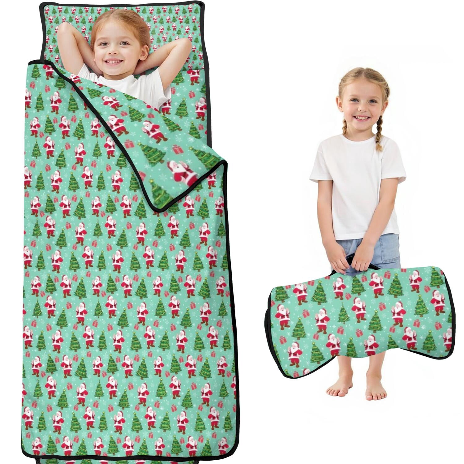 Light Blue Christmas Santa and Tree Pattern Toddler Nap Mats for Kids ...