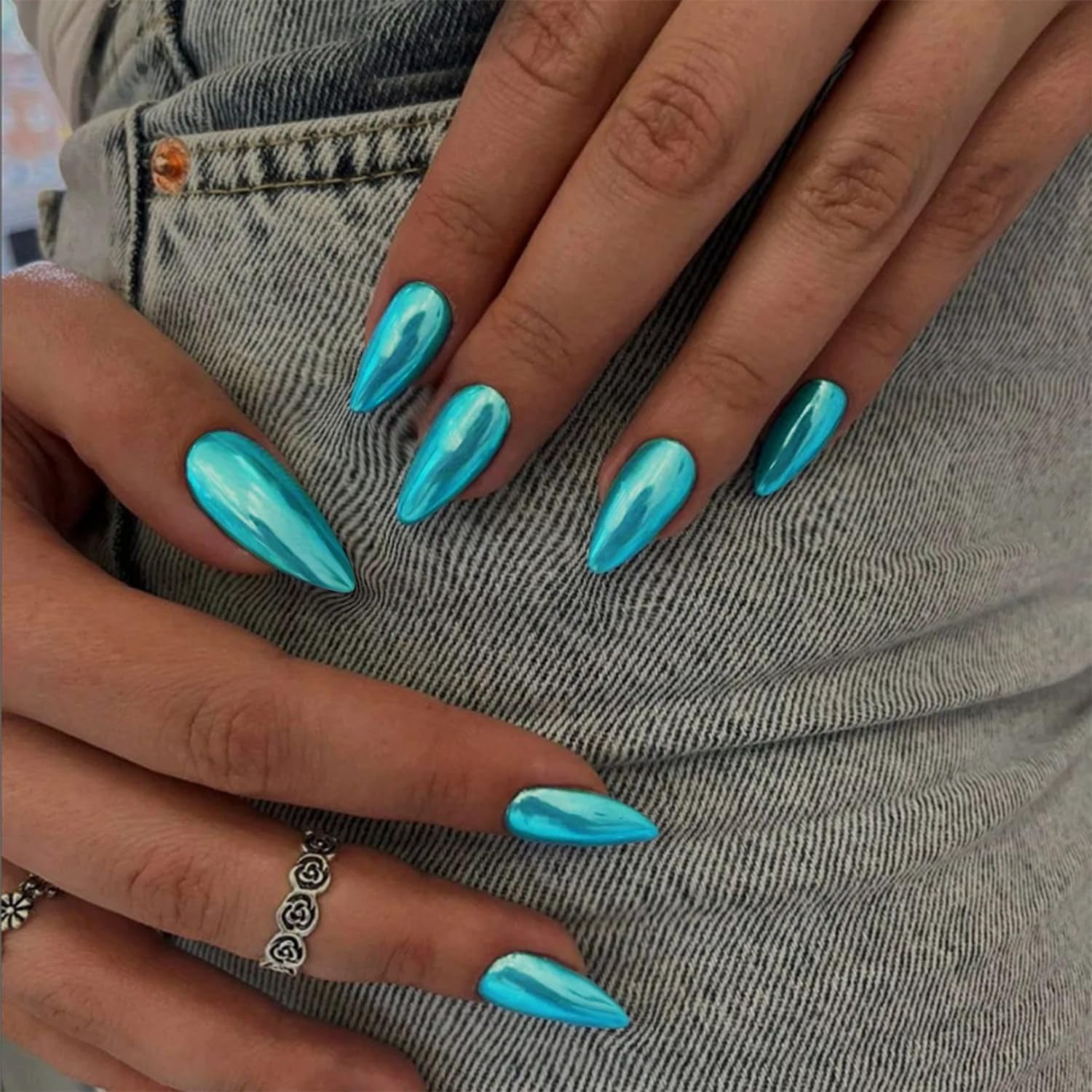 Light Blue Chrome Press on Nails Medium Almond, Chrome Fake Nails ...