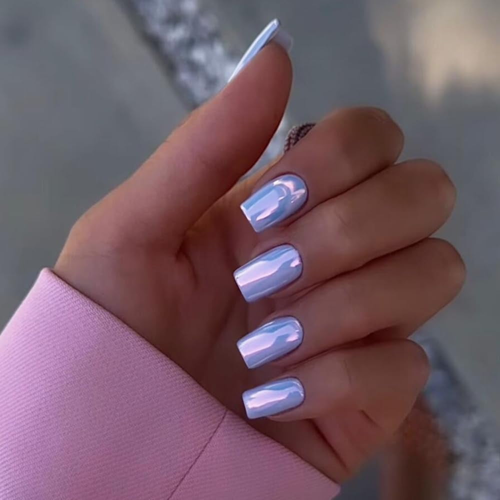 Light Blue Chrome Square Press on Nails Medium Short, Mirror Metal ...