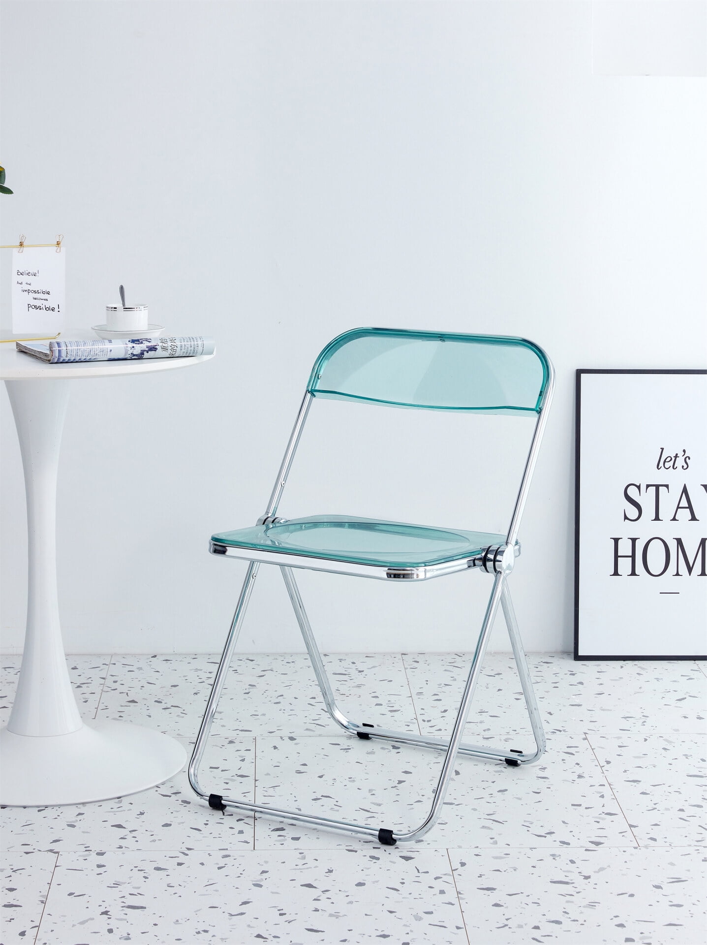 Light Blue Clear Transparent Folding Chair with Back, Steel Foldable ...