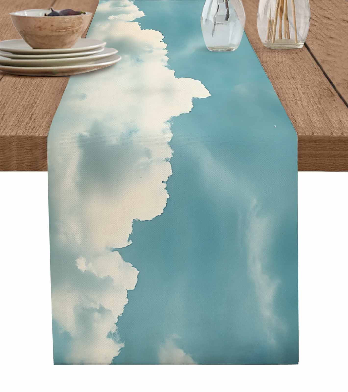 Light Blue Cloudy Sky Table Runner 60 Inches, Modern Retro Clouds ...