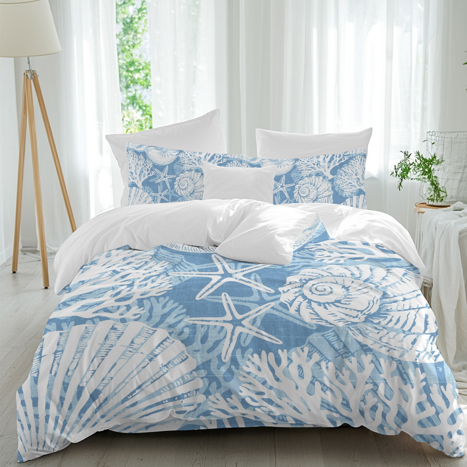 Light Blue Coastal 4 Piece Duvet Cover Set California King Size Beach ...