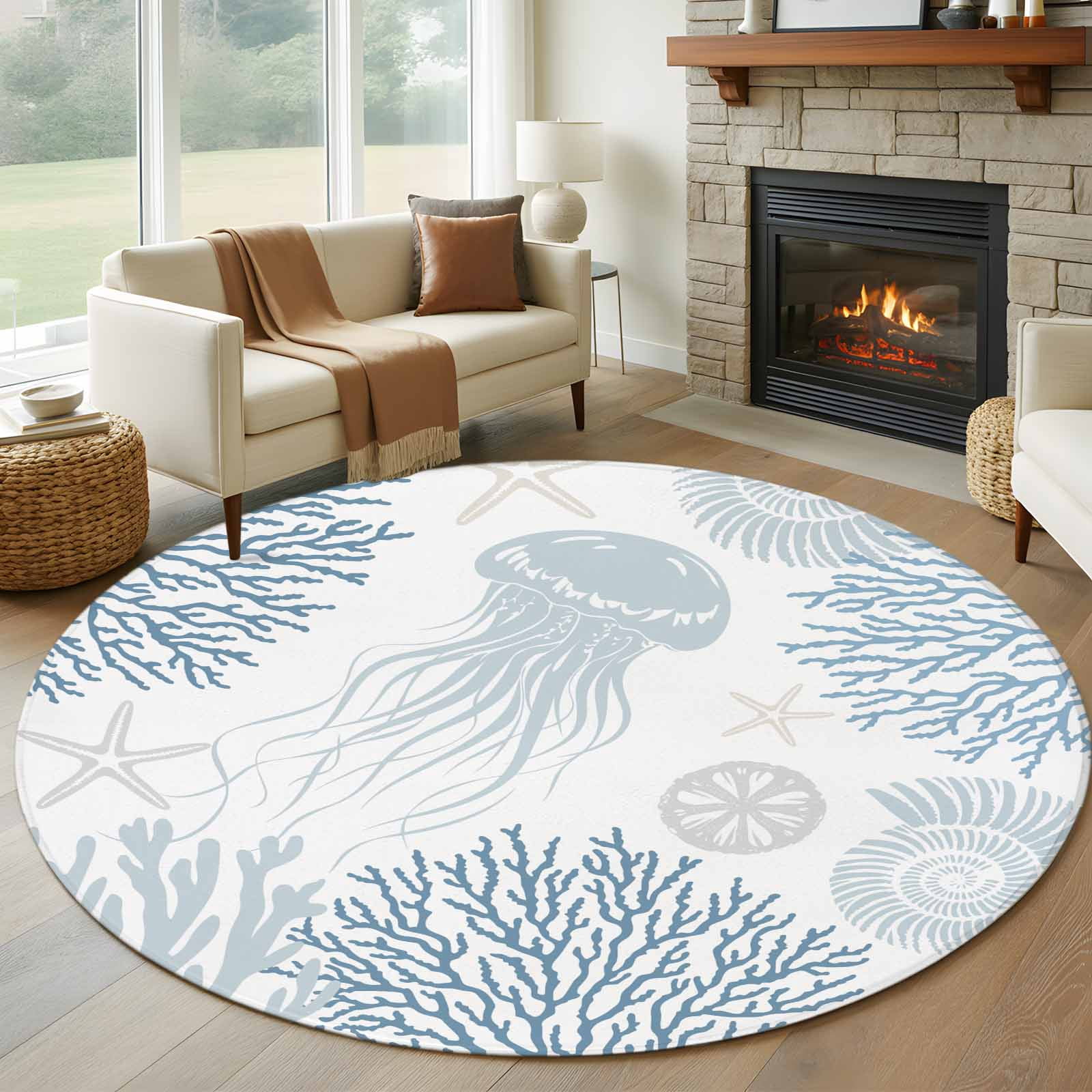 Light Blue Coastal Round Area Rug 6 FT,Non Slip Bedroom Rugs,Coral ...