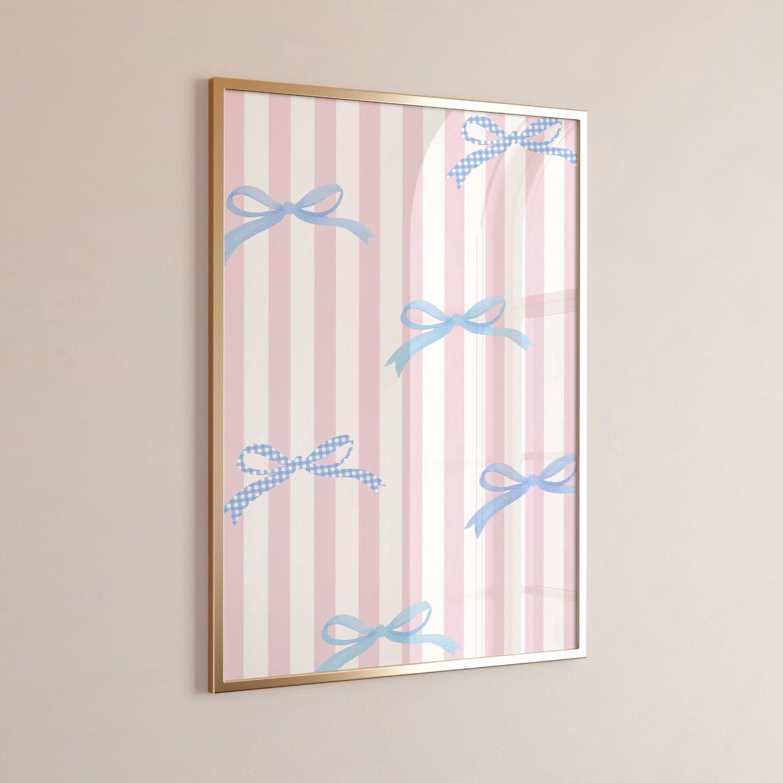Light Blue Coquette Bow Art Print, Pink Stripes Blue Gingham Bow ...