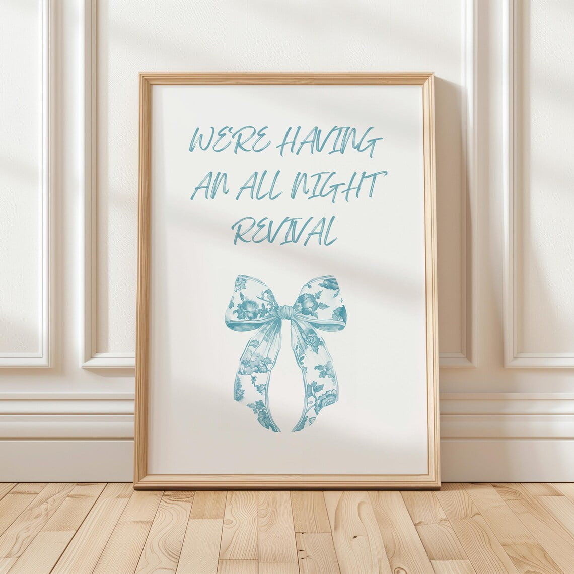 Light Blue Coquette Bow Prints Wall Art, All Night Revival Blue Text ...