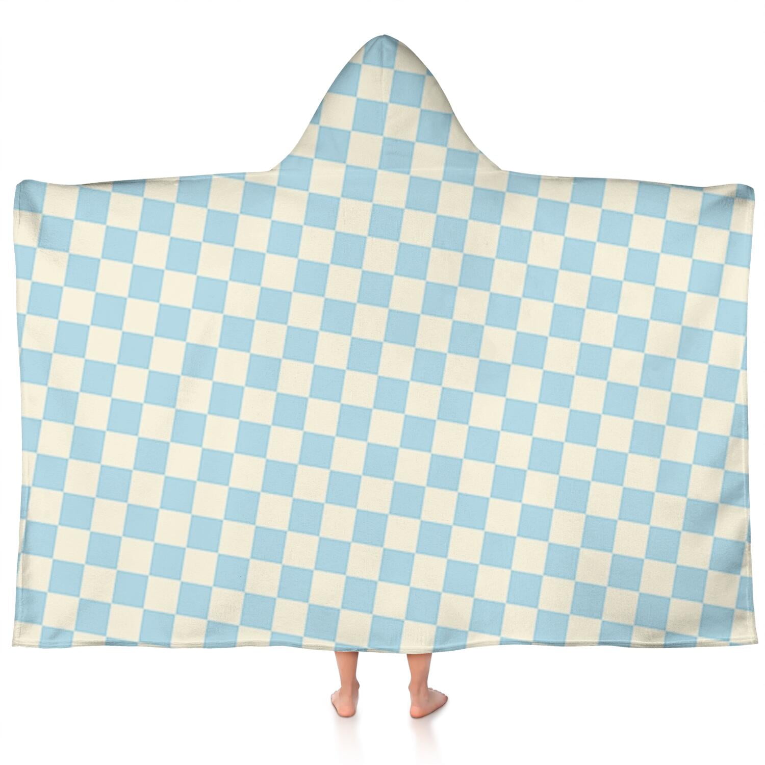 Light Blue and Cream Checkered Pattern Hooded Bath Towel，60"x35" for ...