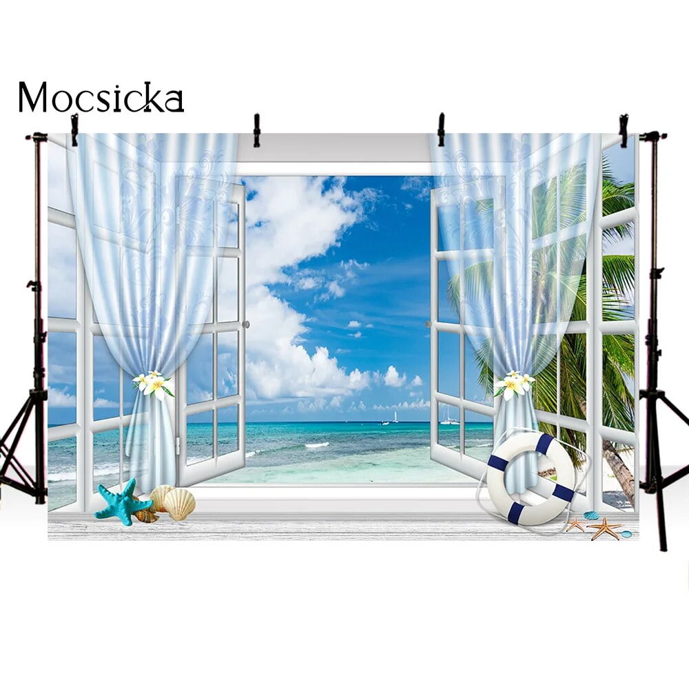 Light Blue Curtrain Blue Sea Backdrop for Photography Summer Holiday ...