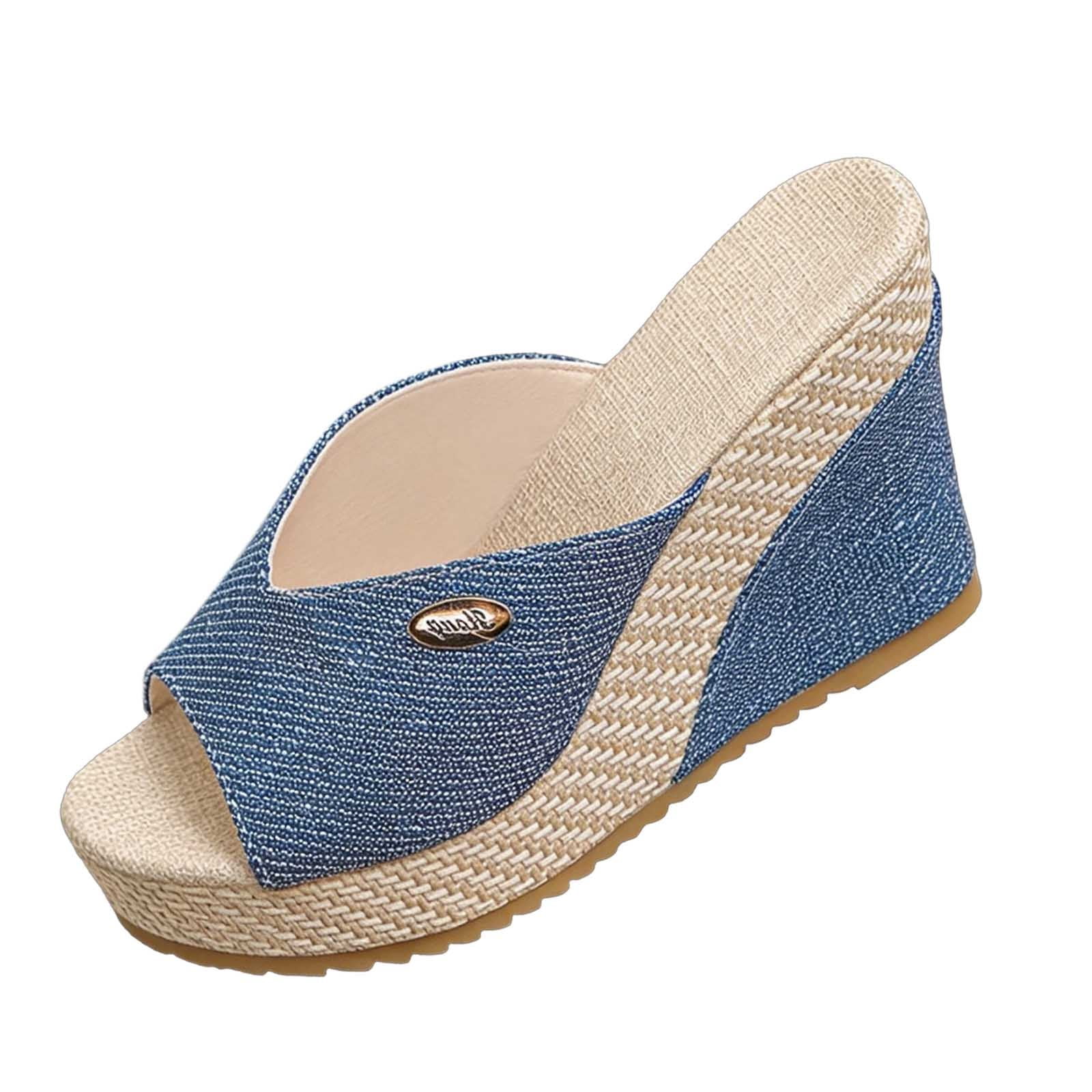Light Blue Female High Heel Slippers Summer Round Toe Versatile ...