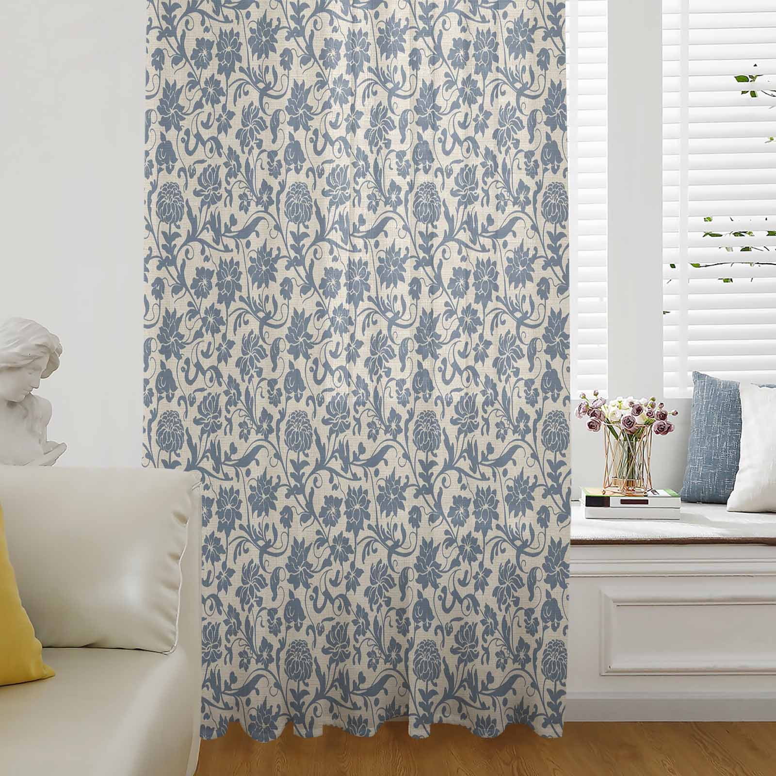 Light Blue Floral Semi Sheer Curtains Drapes for Living Room,Bedroom ...