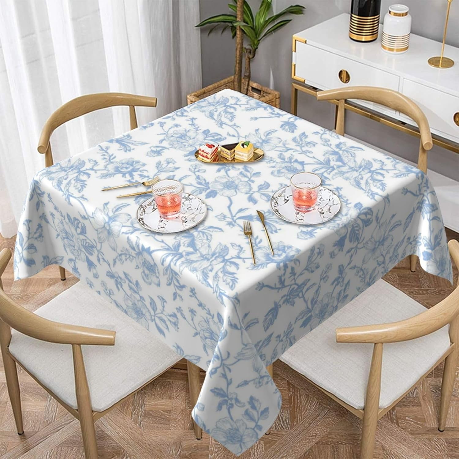 Light Blue Floral Tablecloth Square 52x52 Inch Chinoiserie Vintage ...