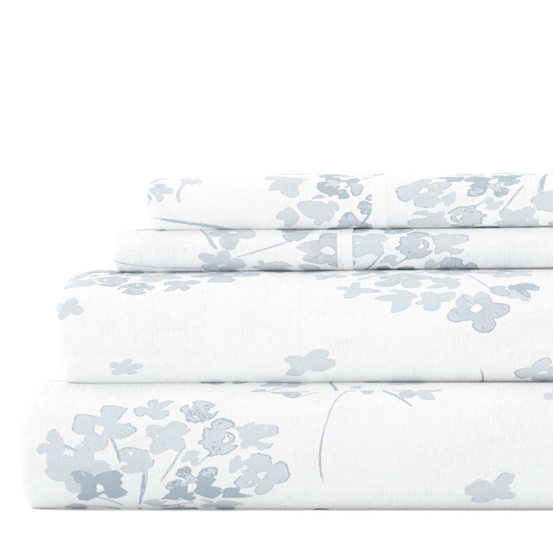 Light Blue Flower Bunch 4 Piece 100% Cotton Flannel Deep Pocket Sheet ...