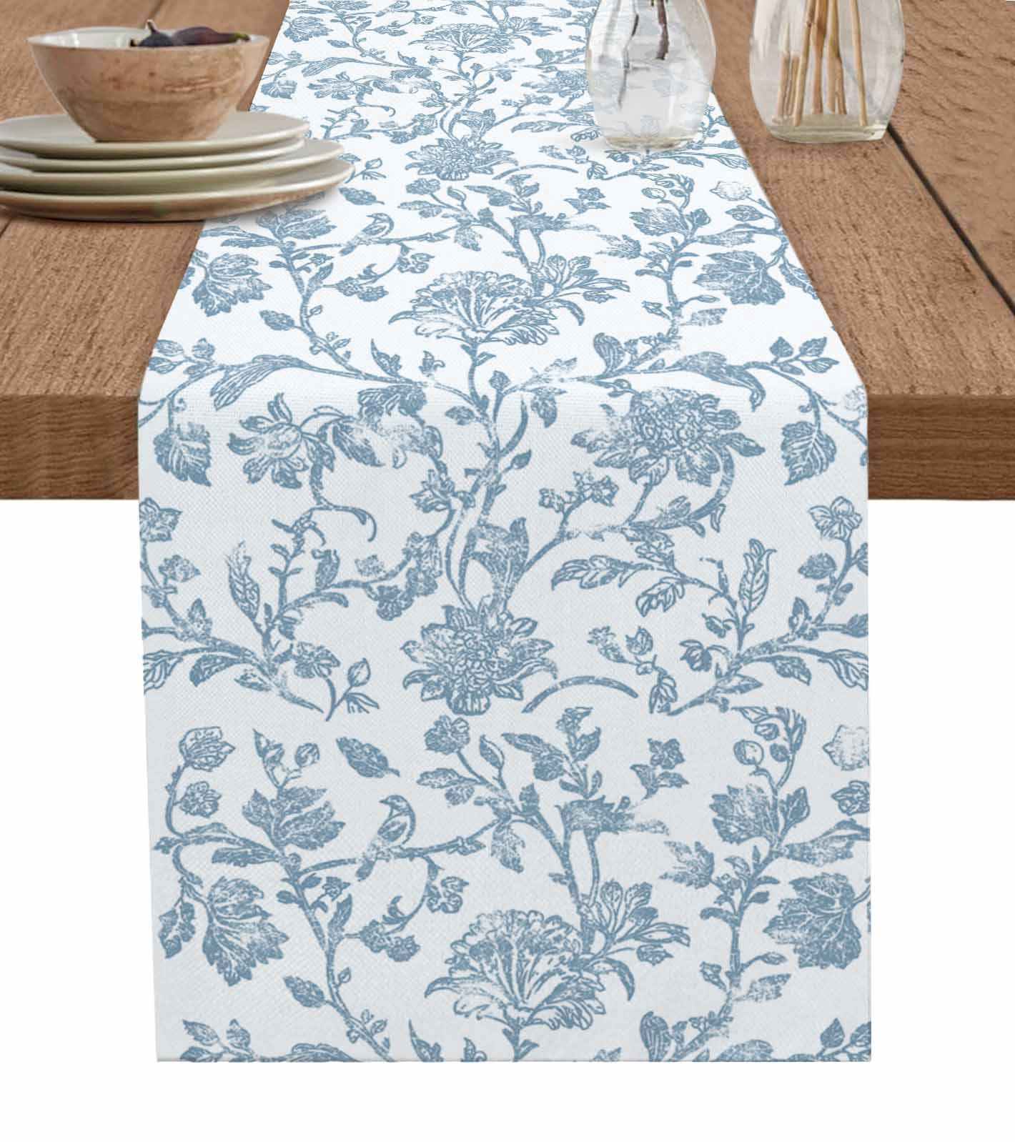 Light Blue Flower Burlap Cotton Table Runner 13x72 Inches Long, Vintage ...
