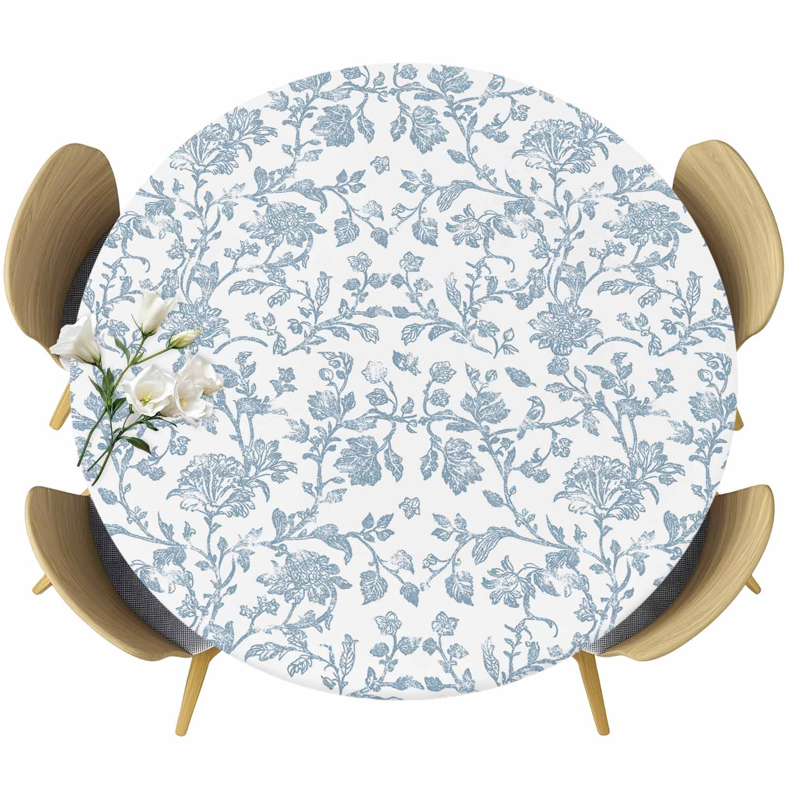 Light Blue Flower Round Tablecloth 36-44 Inch Round Fitted Table Cloth ...