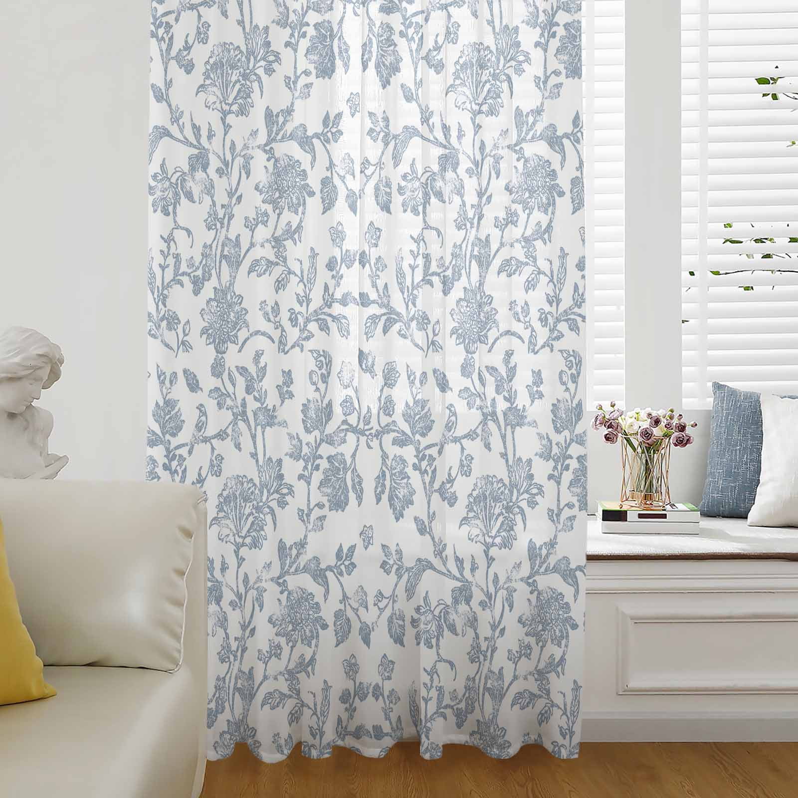 Light Blue Flower Window Curtain 96 Inches Long,Vintage Farmhouse Boho ...
