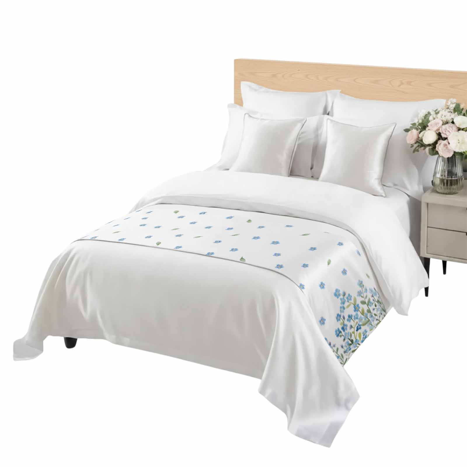 Light Blue Flowers Bed Runner Queen Size Green Leaf Spring Plant ...