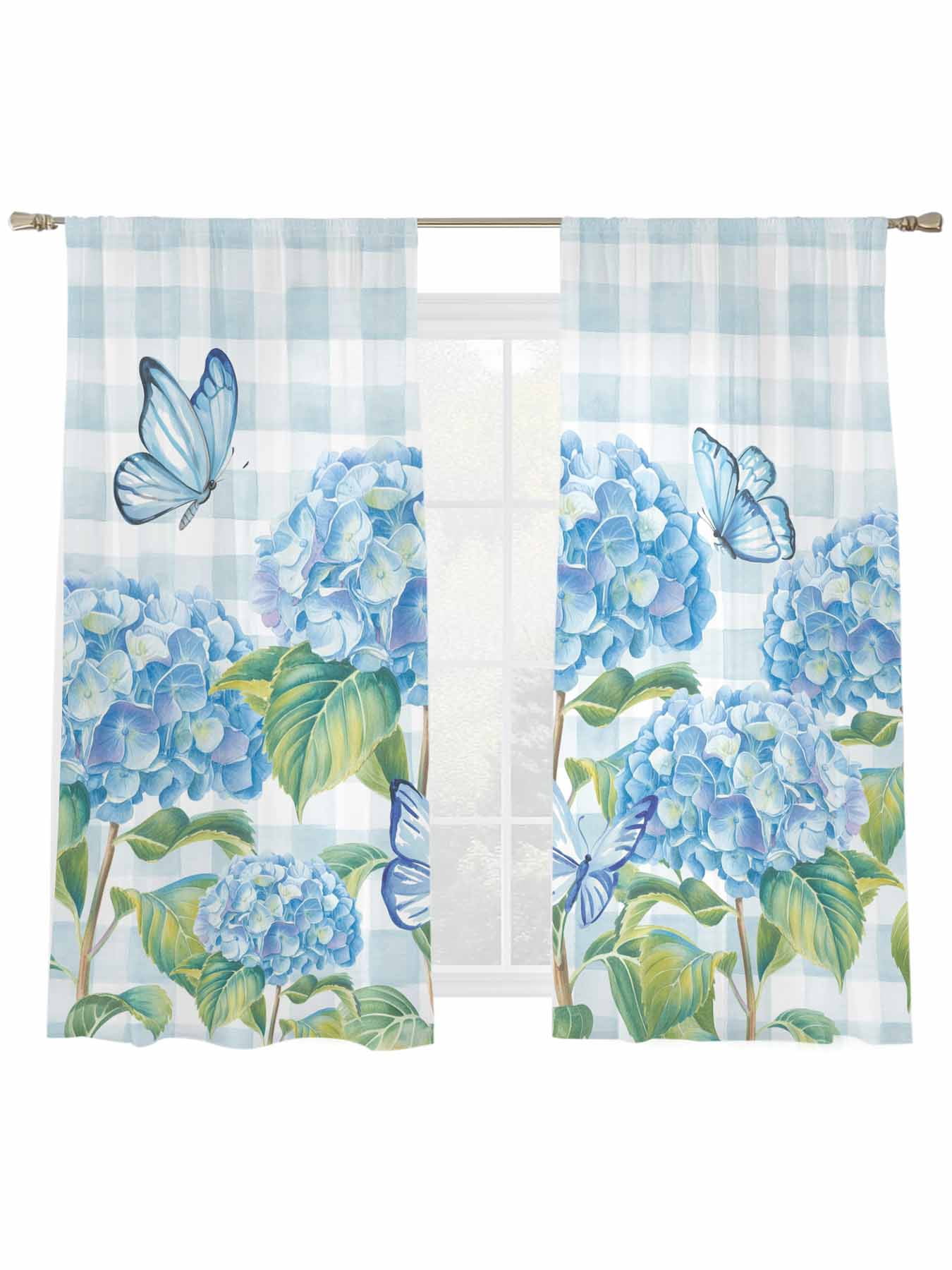 Light Blue Flowers Butterfly Sheer Curtains 2 Panels Set Hydrangeas ...