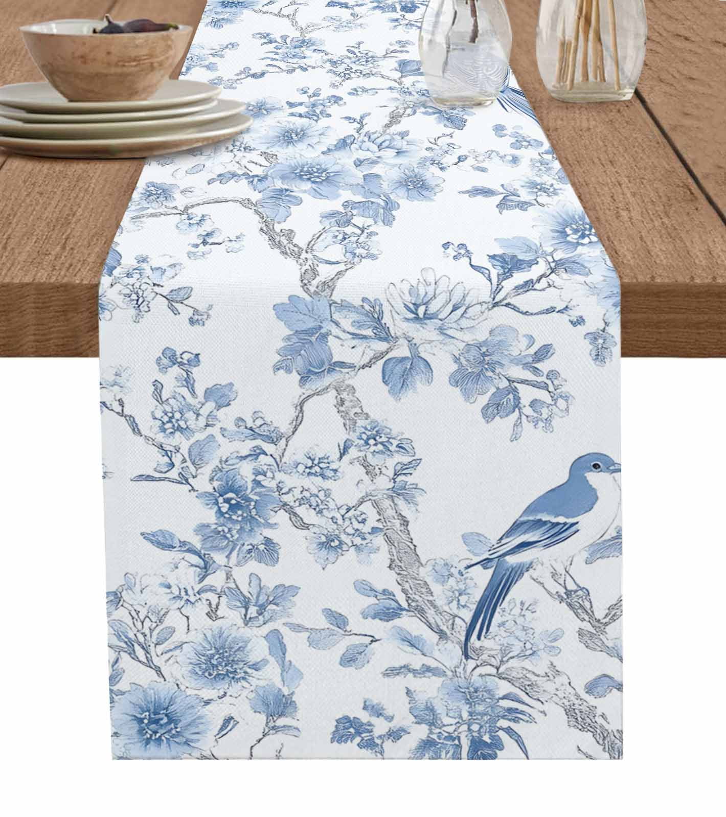 Light Blue Flowers Table Runner 90 Inches, Spring Summer Floral Birds ...