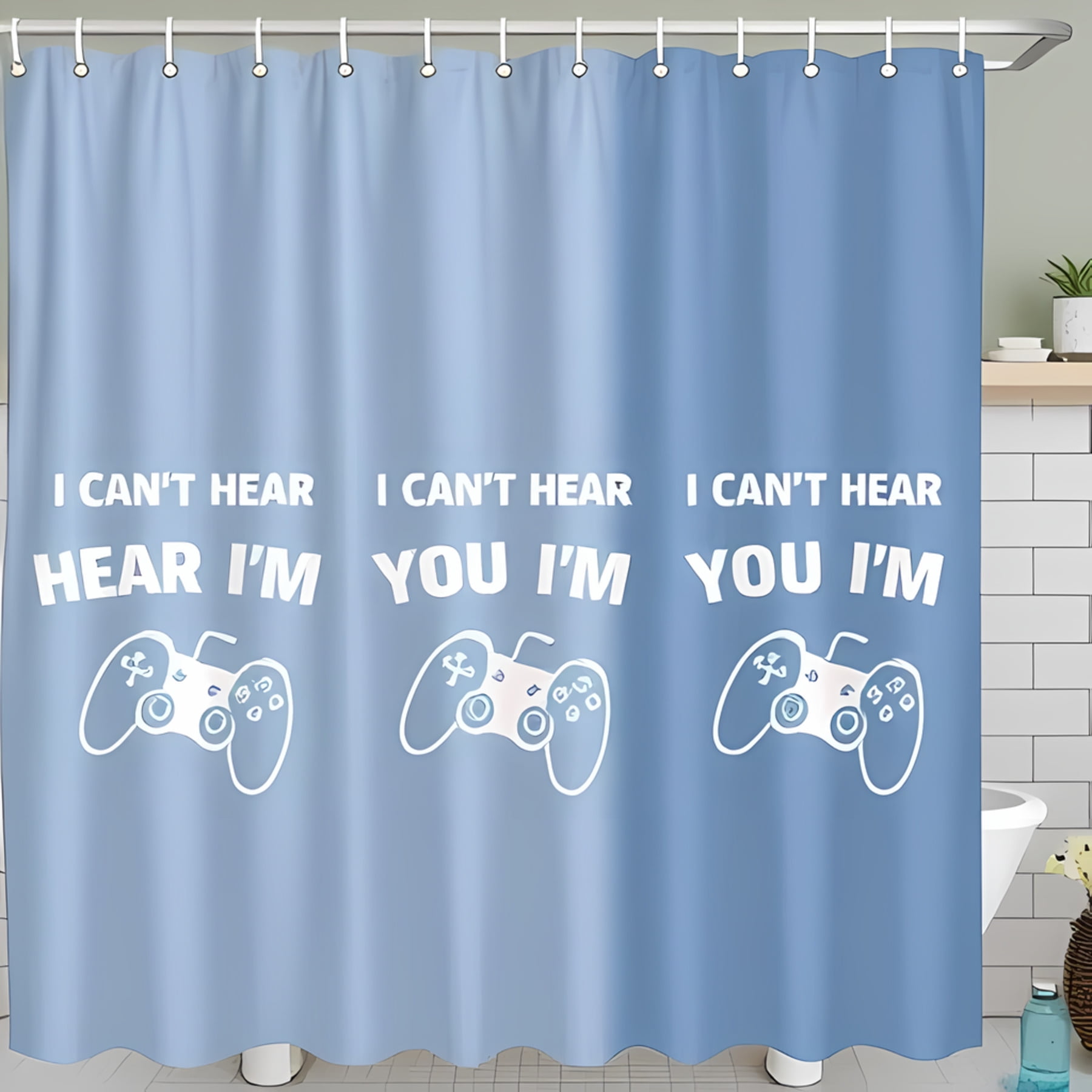 Light Blue Gamer Shower Curtain with White Controller Illustrations ...