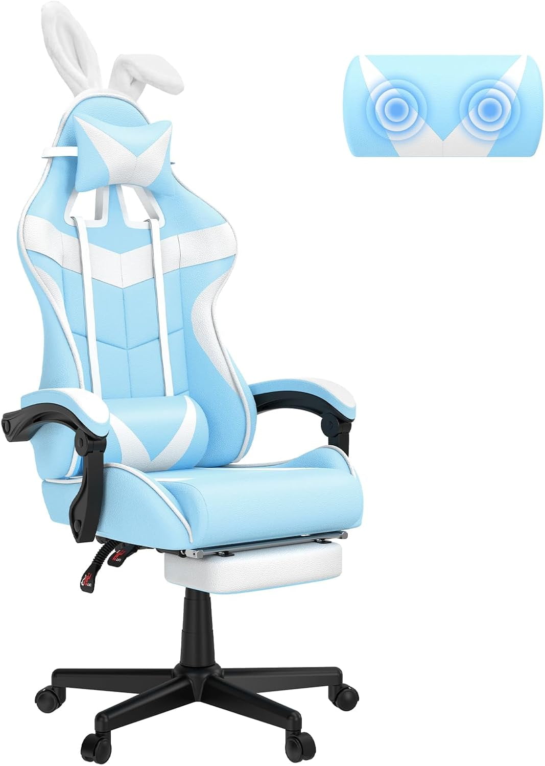 Light Blue Gaming Chair with Footrest,Lovely Cute Bunny Computer Gamer ...