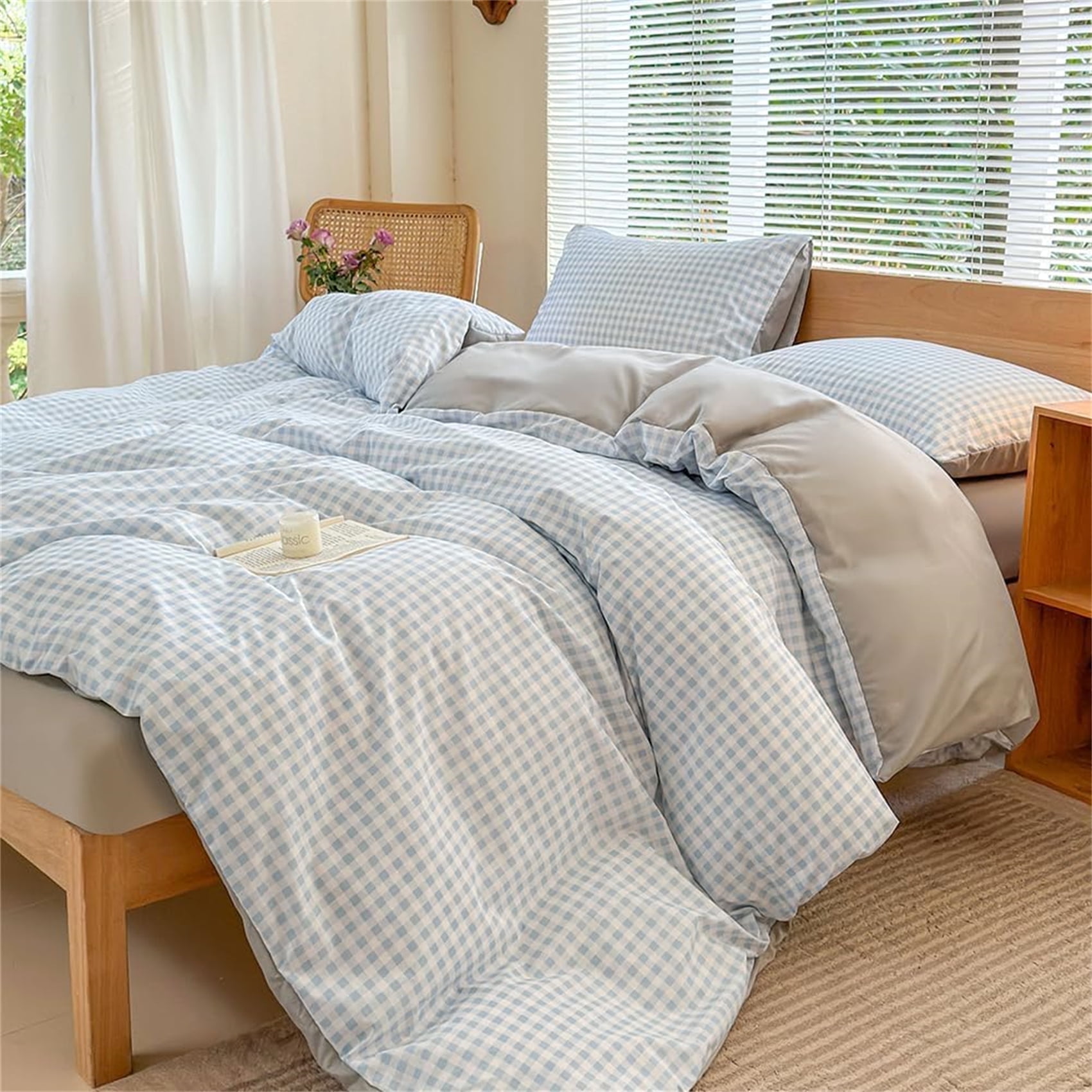 Light Blue Gingham Queen Duvet Cover Set, Blue Plaid Comforter Cover ...