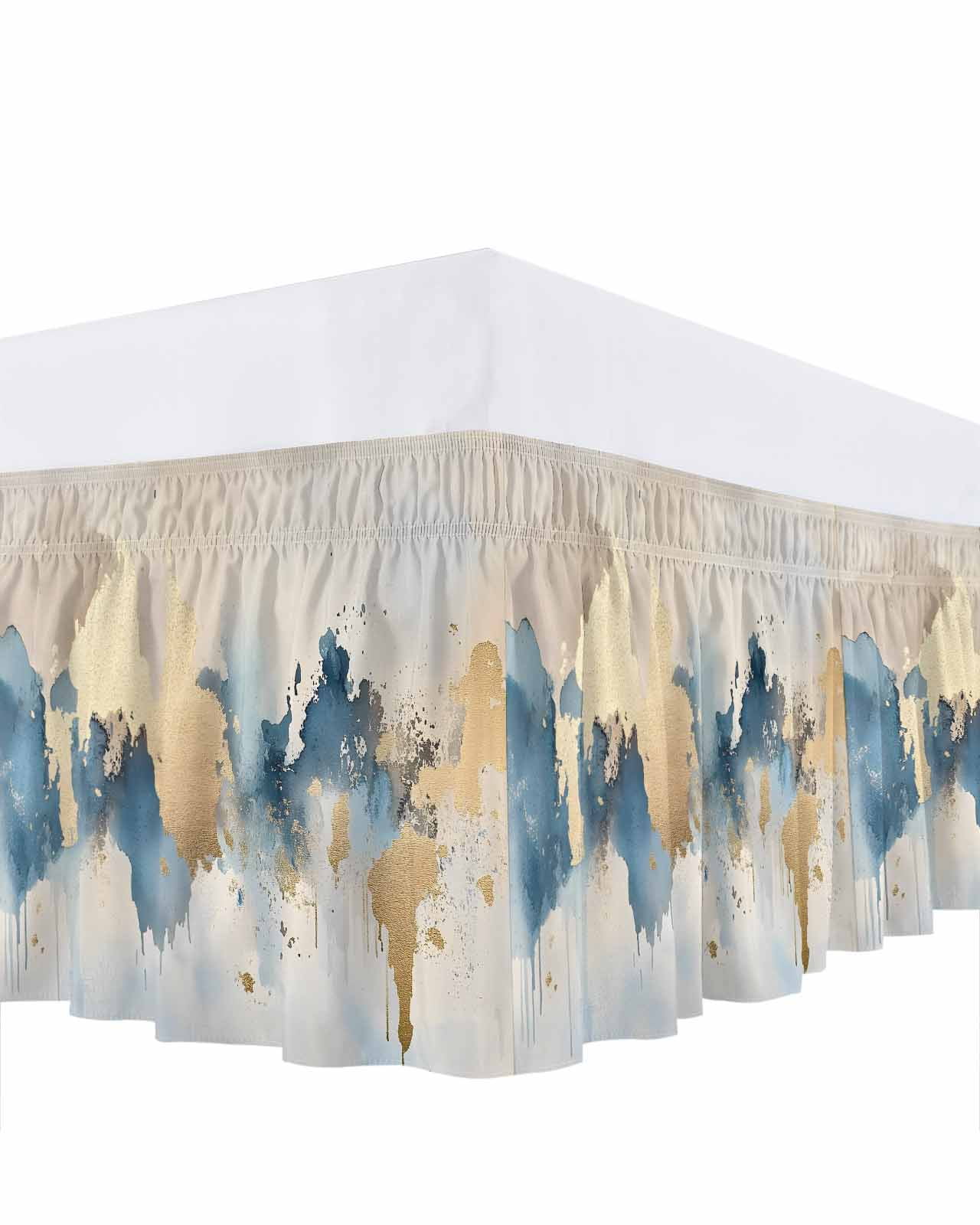 Light Blue Gold Abstract Bed Skirt Queen Size 16 Inch Drop, Modern Art ...