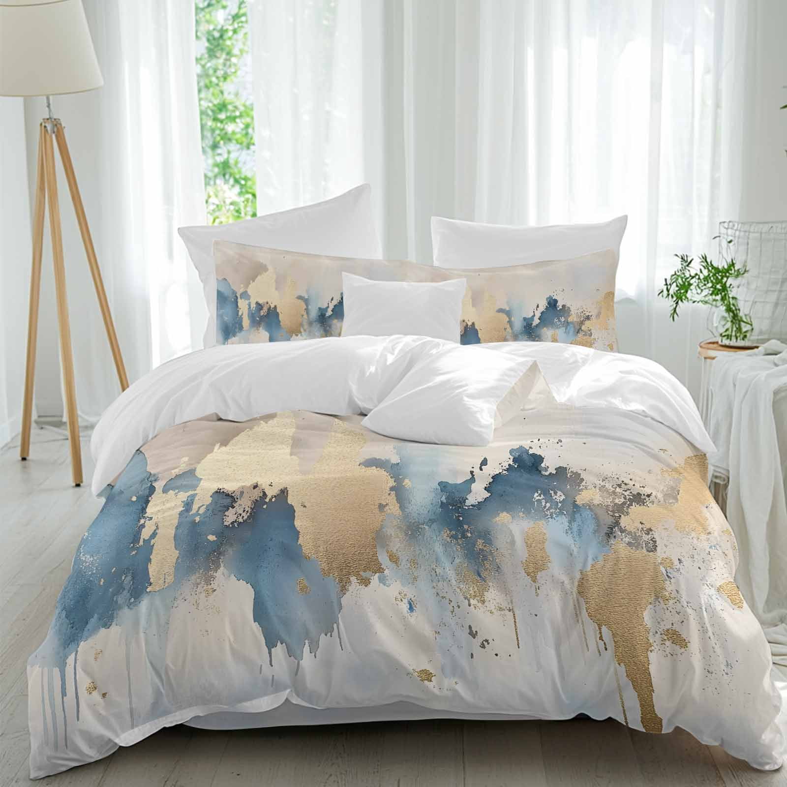 Light Blue Gold Abstract Duvet Cover Set Queen Size, Modern Art Oil ...
