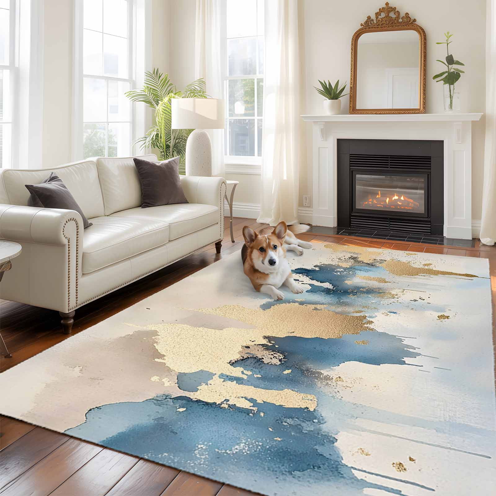 Light Blue Gold Abstract Large Area Rugs 5x8 ft Modern Art Oil Painting ...