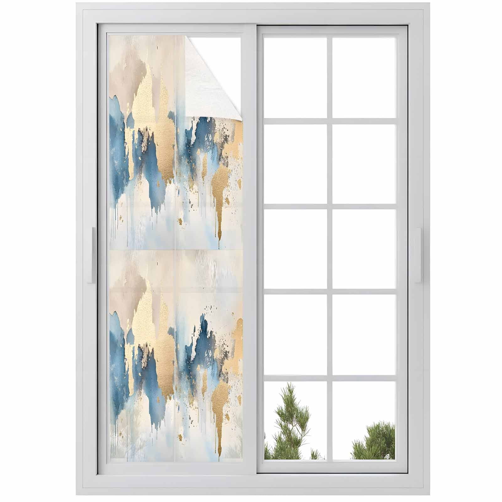 Light Blue Gold Abstract Window Privacy Film Modern Art Oil Painting ...