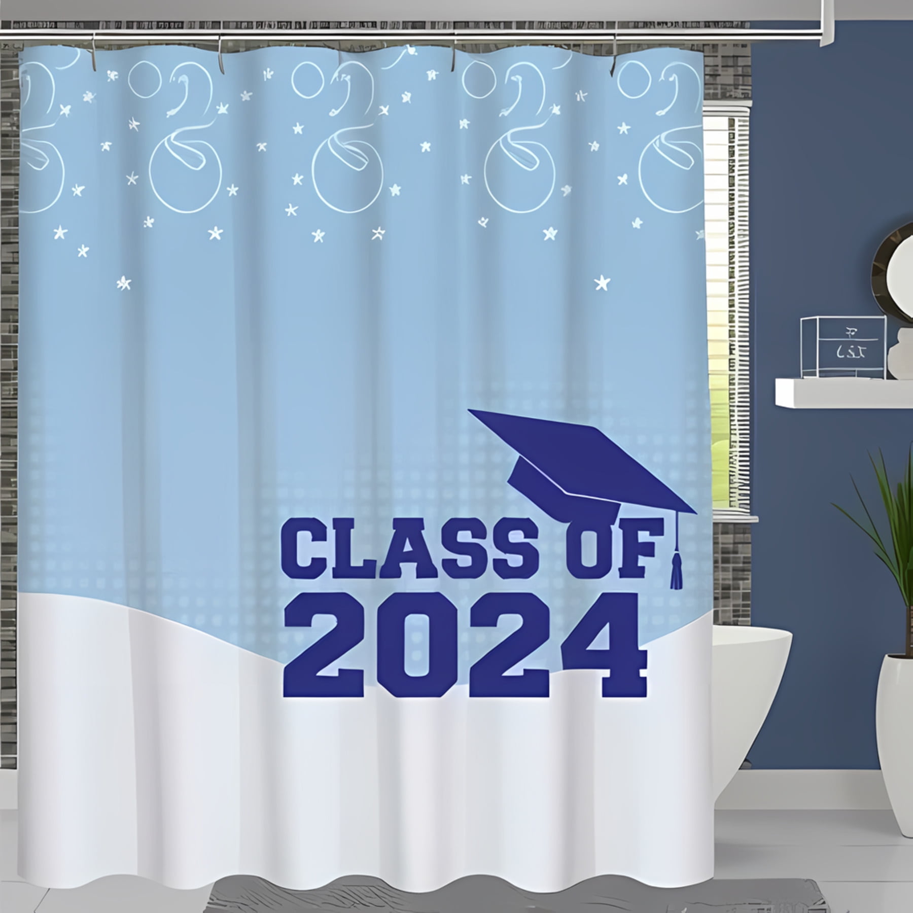 Light Blue Graduation Shower Curtain with Subtle Star Pattern & Navy ...