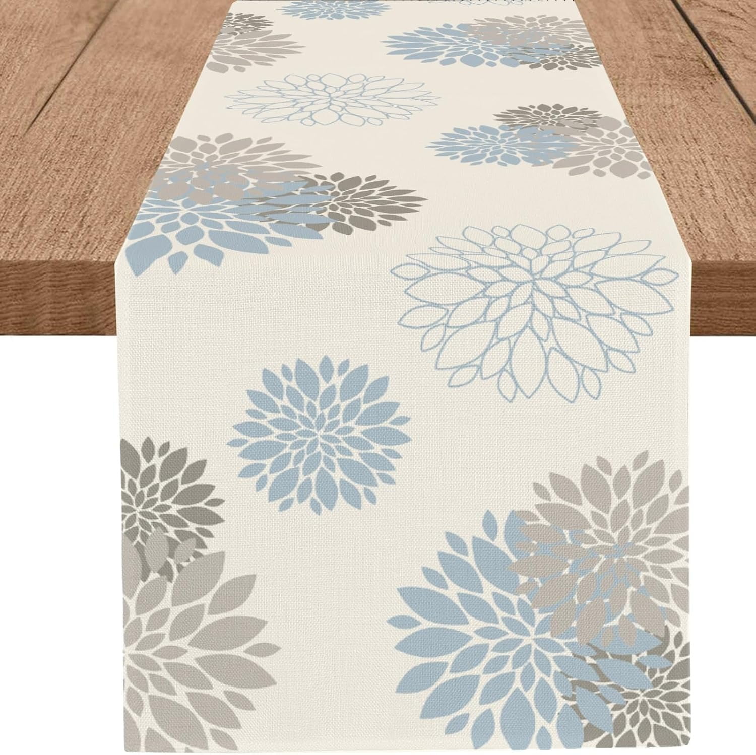 Light Blue Gray Table Runner Dahlia Pinnata Flower Beige Coffee Table ...