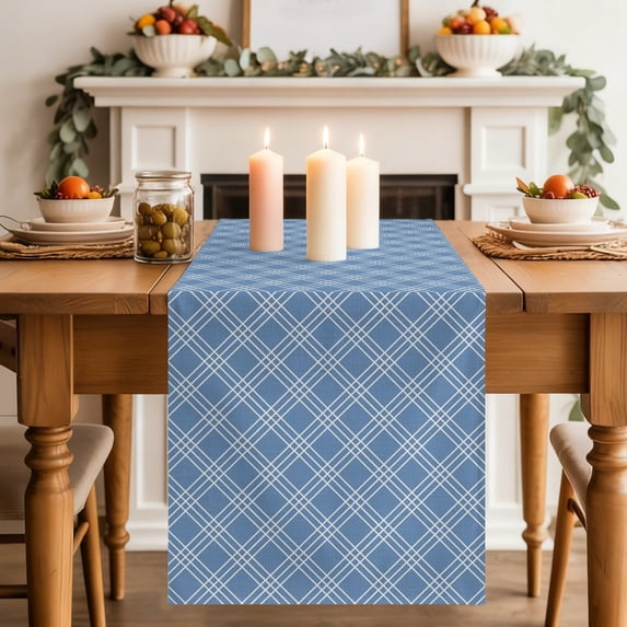 Light Blue Grid Table Runner, Modern Minimalist Classic White Lines ...