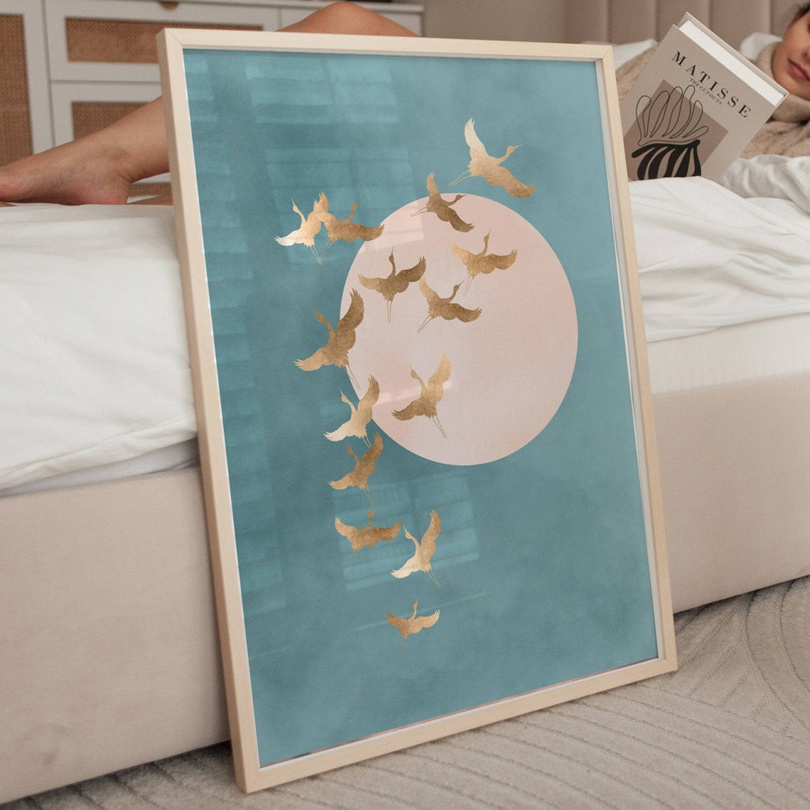 Light Blue Japanese Cranes Wall Art, Moon Art, Blush Pink Decor, Bird ...