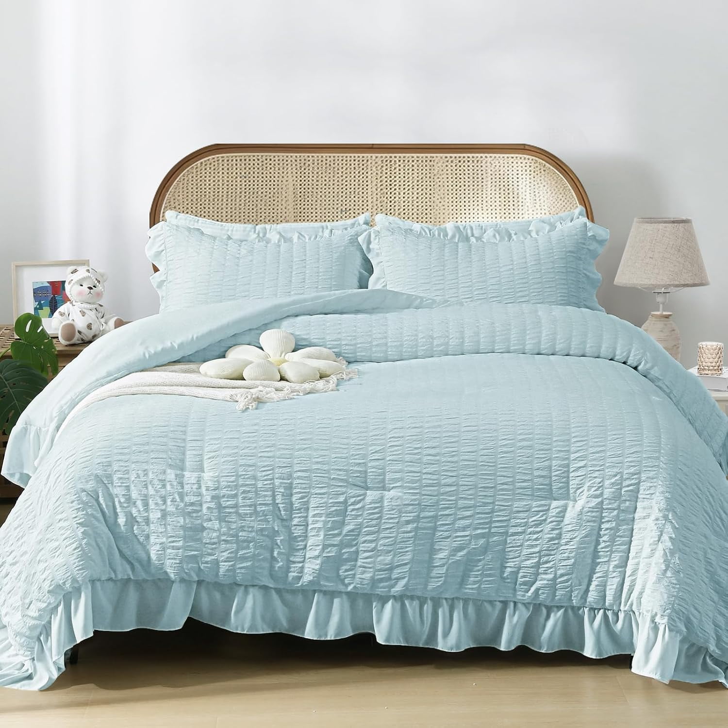 Light Blue King Comforter Set, 3 Pieces Seersucker Comforters King Size ...