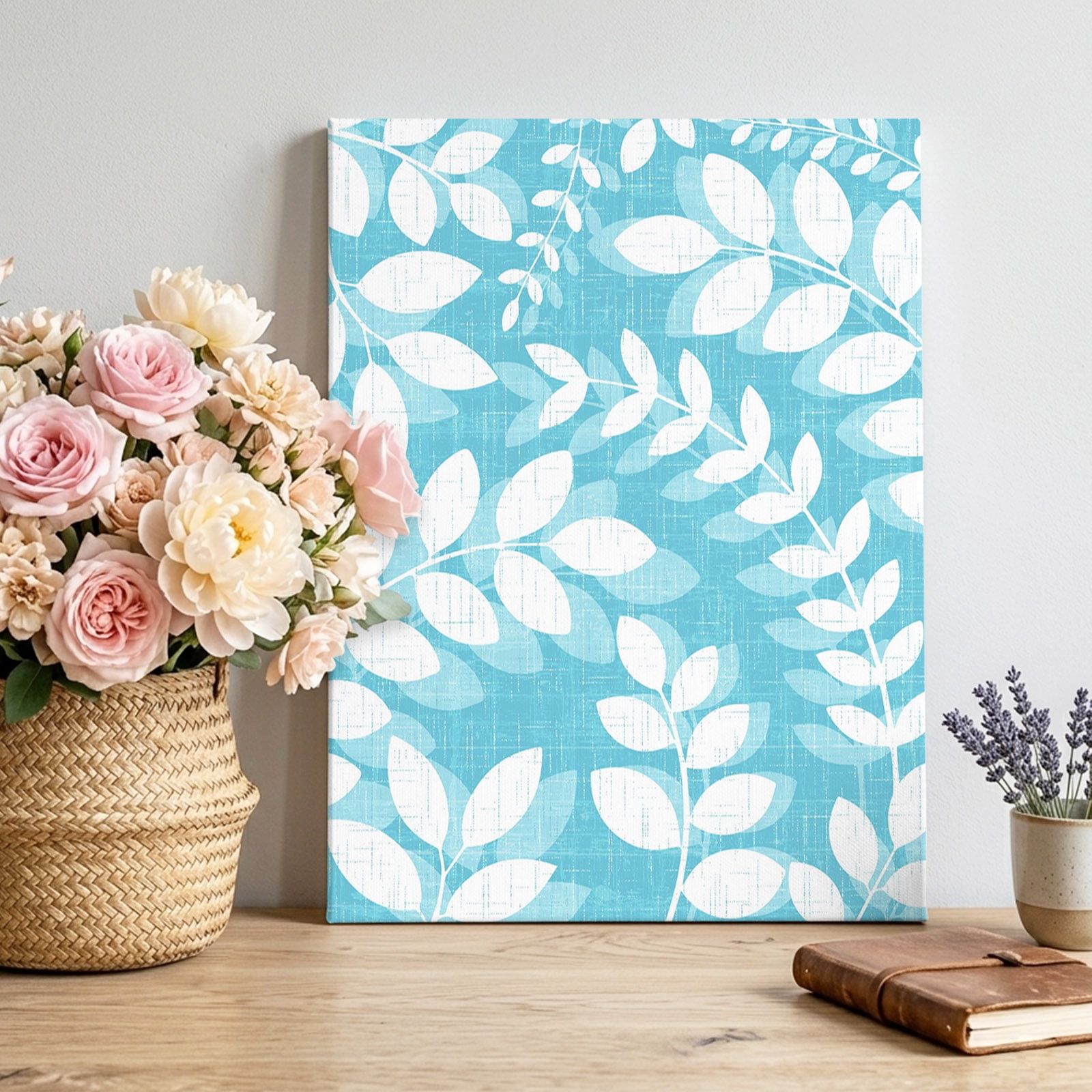 Light Blue Leaf Canvas Wall Art for Living Room, Farmhouse Branch ...